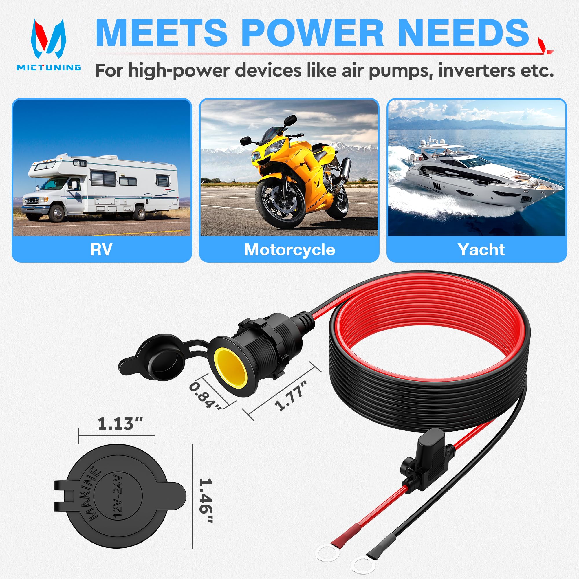 MICTUNING 12ft Car Female Cigarette Lighter Plug Extension Cable 12AWG 12V 24V with Threaded Socket to 0.33" Ring Eyelet Terminals, Battery Cord with Inline Blade Fuse 25A 20A