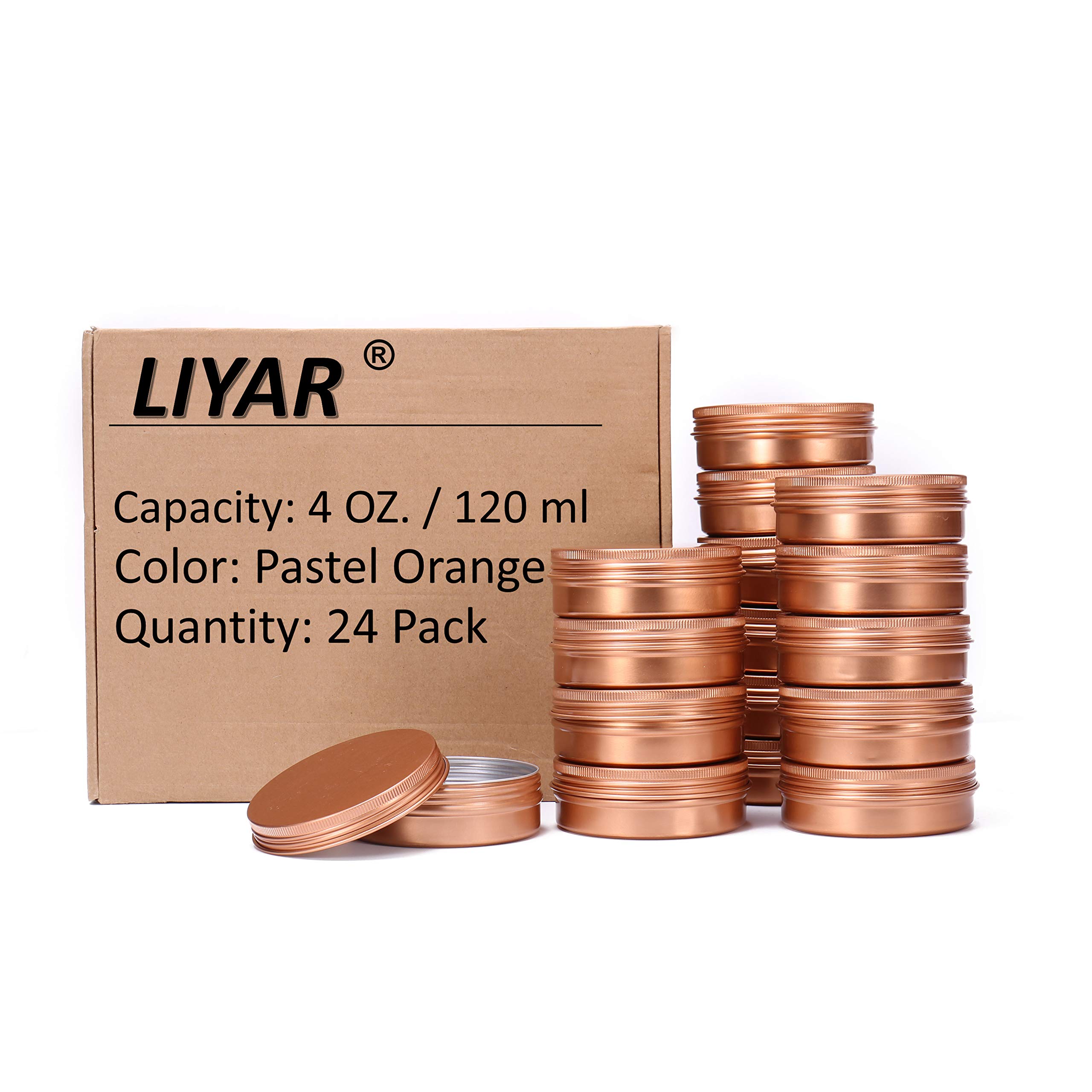 LIYAR 4oz Cans Tin Aluminum Metal Tin 24 Pack Metal Container Jars Aluminum Round Tins with Screw Lids for Salve, Spices or Candies(Pastel Orange)