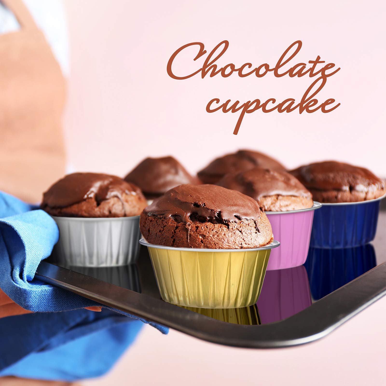 Suclain 5 OZ Aluminum Foil Baking Cups with Lids and Spoons Include Muffin Liners Cups Reusable Foil Cupcake Ramekins, Colorful Plastic Sporks for Birthday Wedding Party (Mixed Color,200 Pieces)