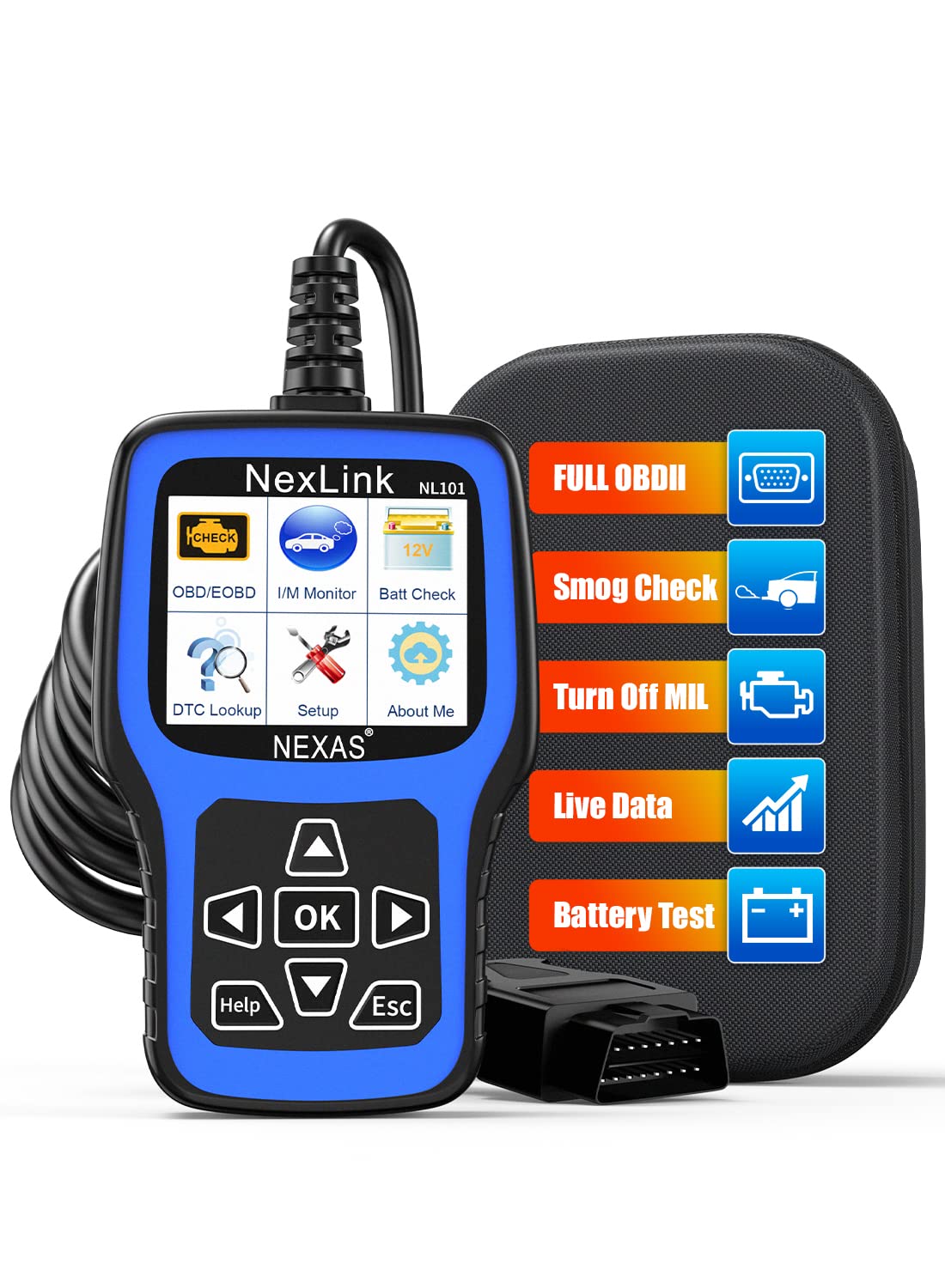 NEXAS NL101 OBD2 Scanner Diagnostic Tool & Battery Tester, Check Car Engine Light Code Reader Scan Tool with Full OBDII Function Live Data Stream for All Vehicles, Free Protective Case & Update