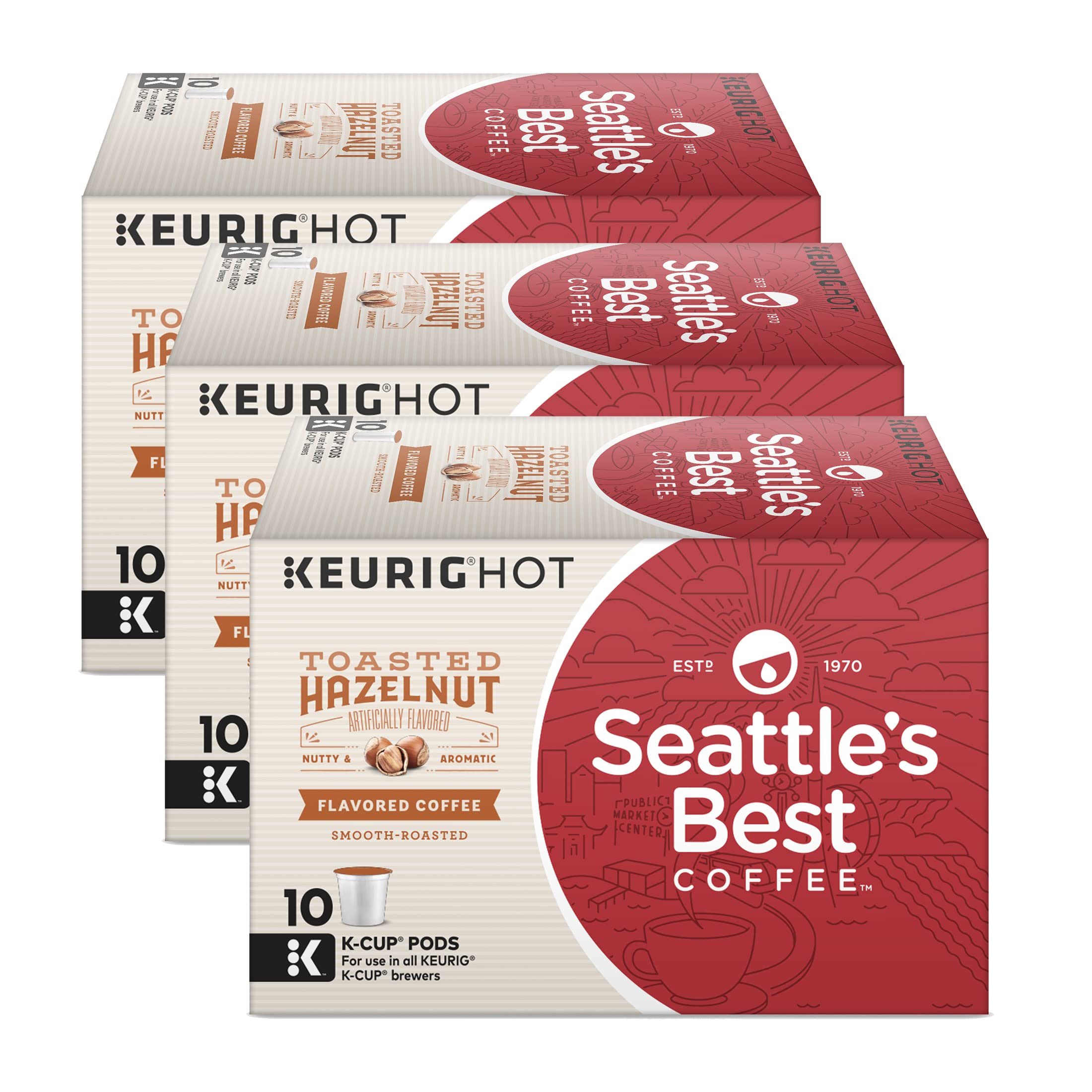 Seattleās Best Coffee K-Cups, Toasted Hazelnut - Smooth Roasted Flavored Ground Coffee, 10 K-Cup Pods/Pack (Pack of 3)