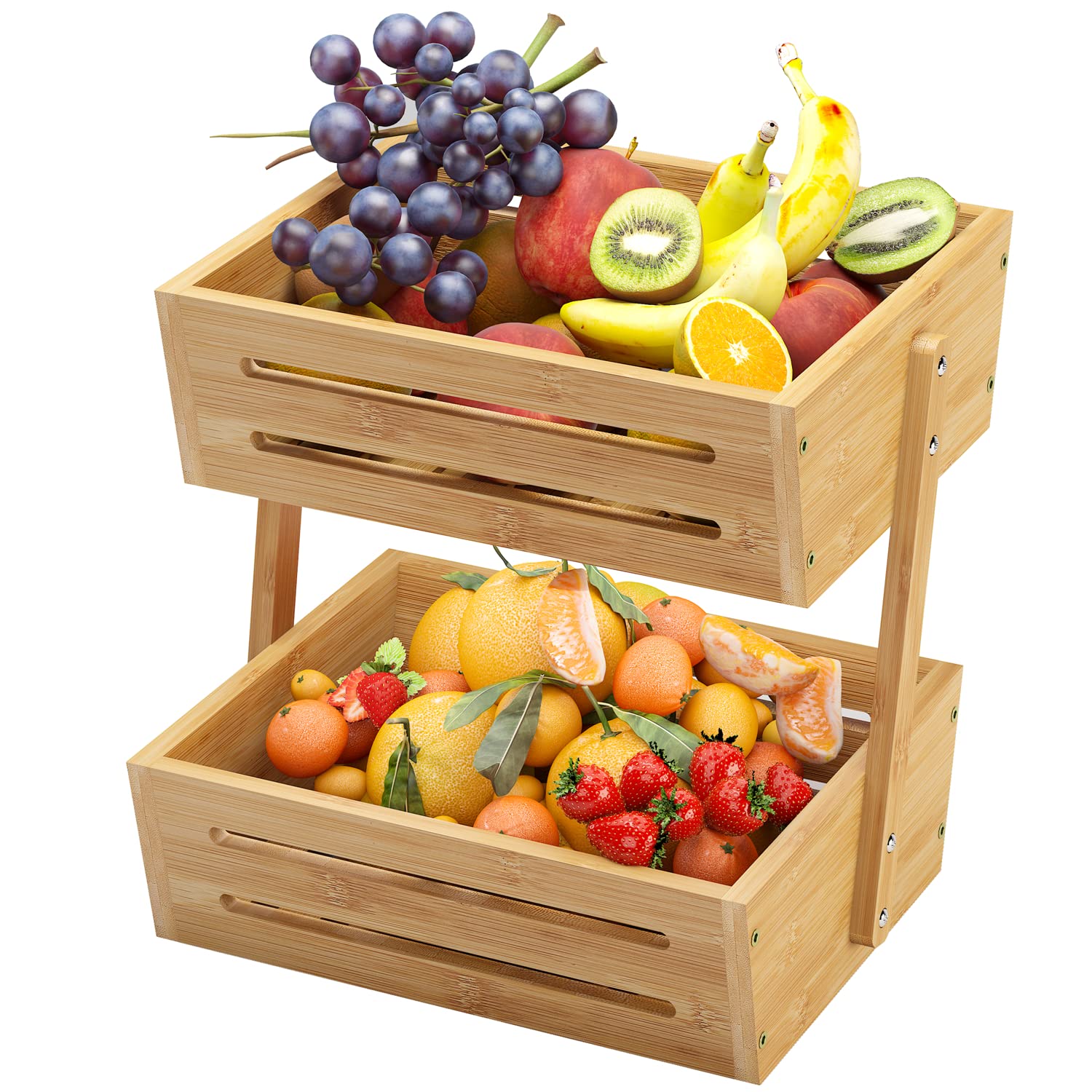 Vriccc Bamboo Fruit Basket, 2-Tier Fruit Bowl for Kitchen Counter, Large Capacity Vegetable Storage Holder, Countertop Organizing for Snacks Display