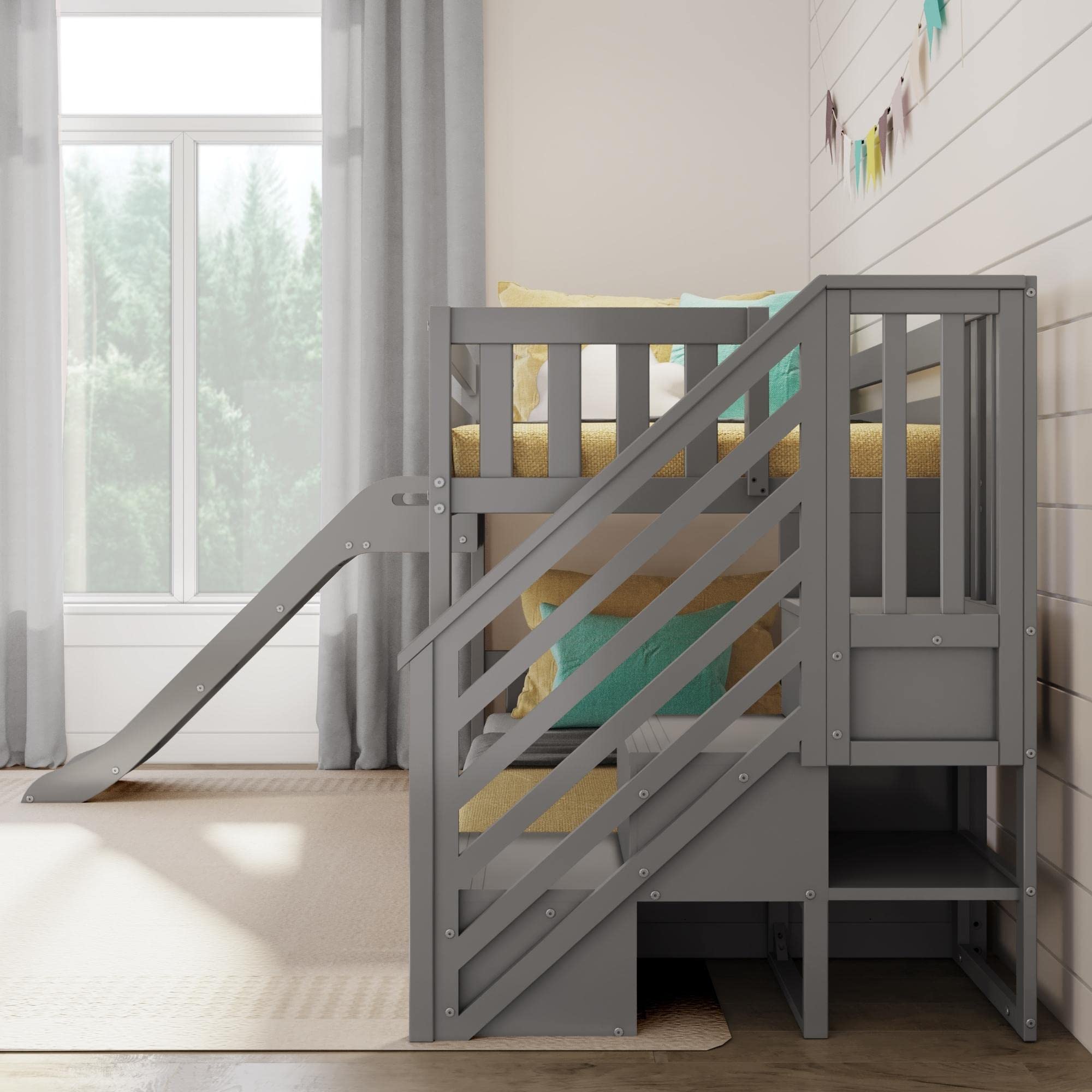 Max & Lily Solid Wood Twin over Twin Size Low Bunk Beds for Kids with Slide and Stairs, 400 lbs Weight Capacity, 14" Safety Guardrail, Anti-Slip Steps, White