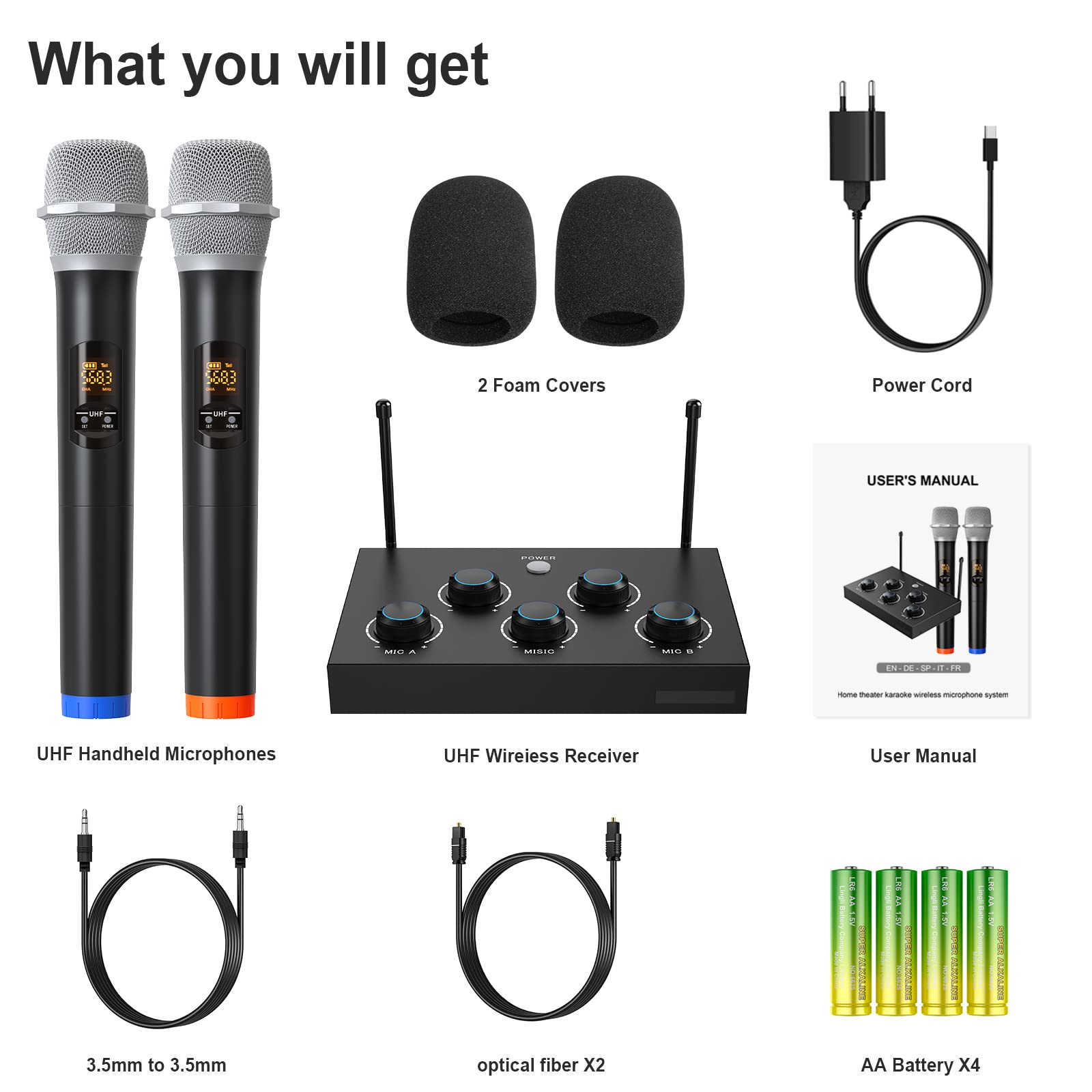 Rybozen Wireless Microphone Karaoke Mixer System, Dual UHF Cordless Mic Handheld Karaoke Microphone for PC, TV, Speaker, Amplifier, Party, Meeting, DJ, Wedding, Supports AUX Optical in/Out