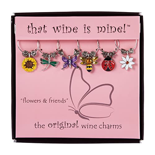Wine Things 6-Piece Wine Glass Markers Wine Glass Charms Wine Glass Tags for Stem Glasses Wine Tasting Party, Wine Charm (Flowers & Friends)