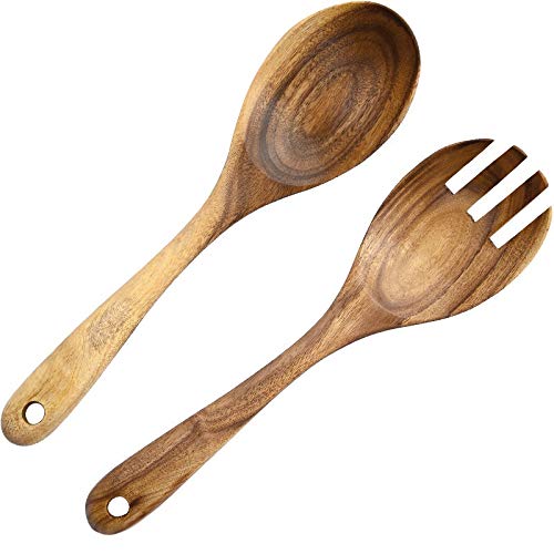 MEGIMA Spoons, Large Wooden Spoon Set, Big Salad Serving Spoon Fork Natural Wood Tablespoon Long Handled Cooking Spoon, Kitchen Utensils