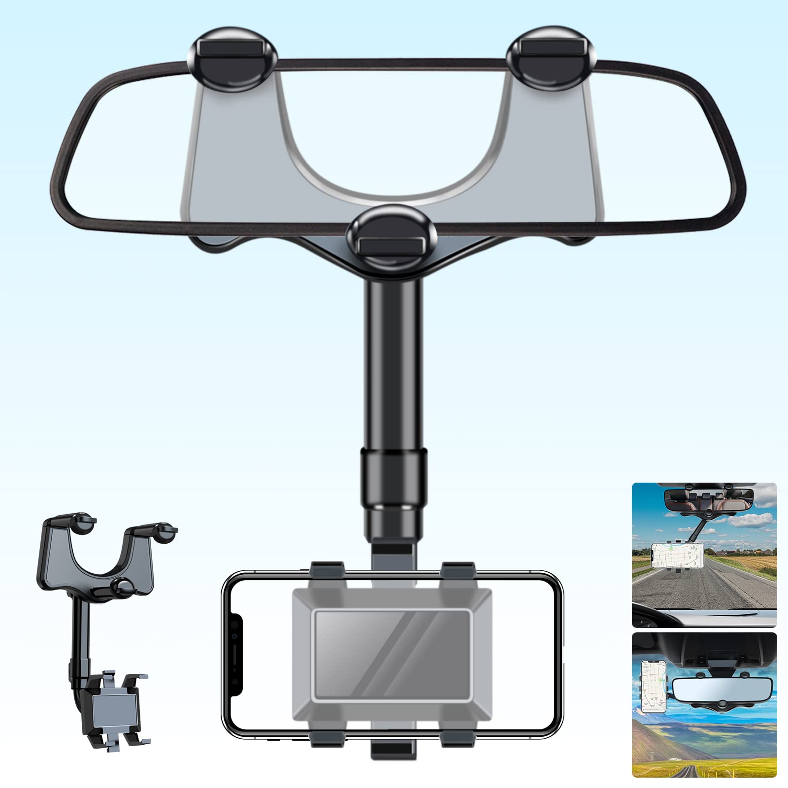 ZoyShop Rearview Mirror Phone Holder, 360 Rotatable and Retractable, Compatible with Smartphones, Black