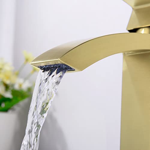 TRUSTMI Bathroom Faucet Square Shaped Brass Brushed Gold Vanity Sink Faucet Heavy Duty Single Handle Single Hole Waterfall Lavatory Faucet, 6" Deck Plate and Overflow Pop Up Drain Included