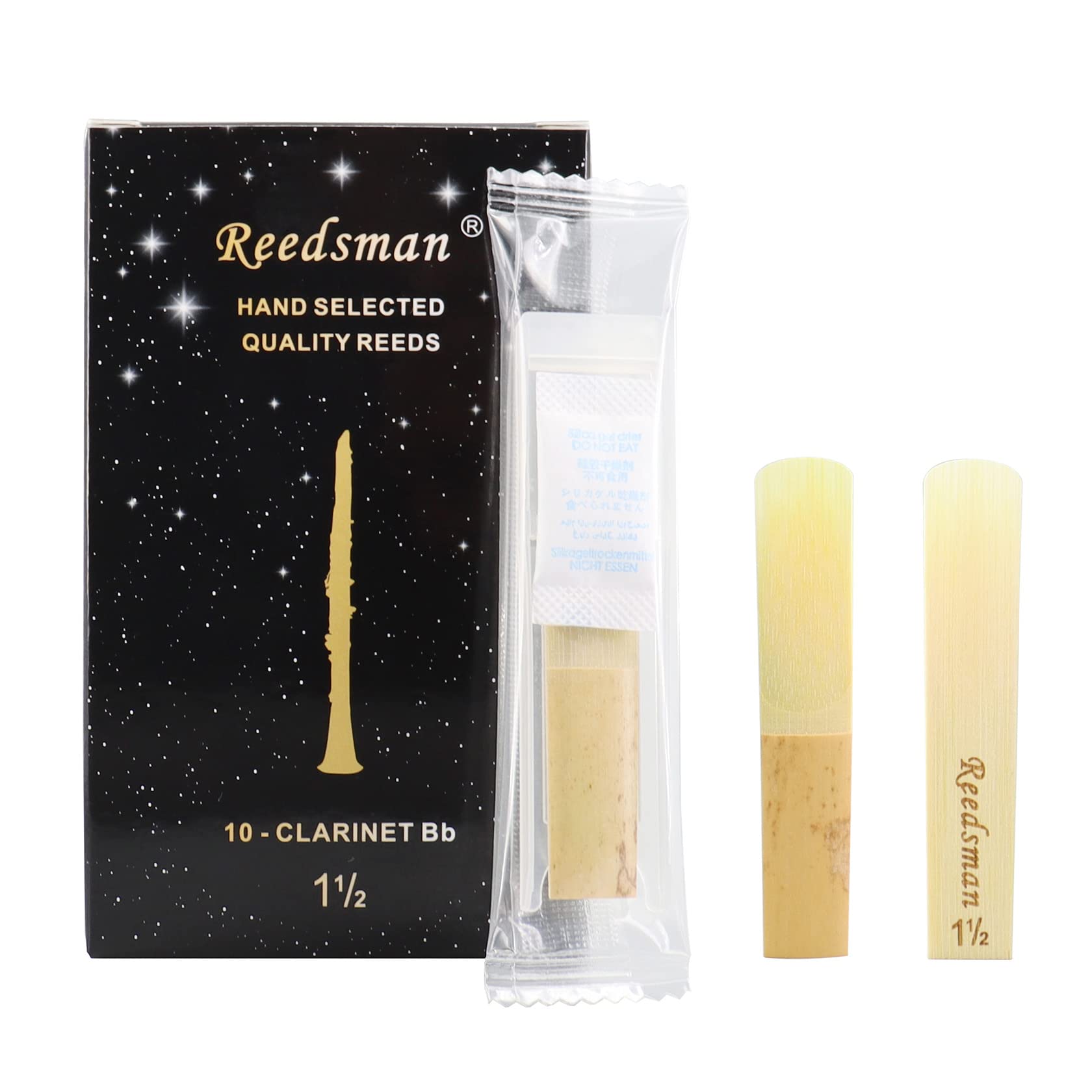 Reedsman Traditional Bb Clarinet Reeds, Includes 10 Plus 2 Total 12 Pack Reeds With Individual Reed Holders and One Mini Harmonica. (Strength 1.5)