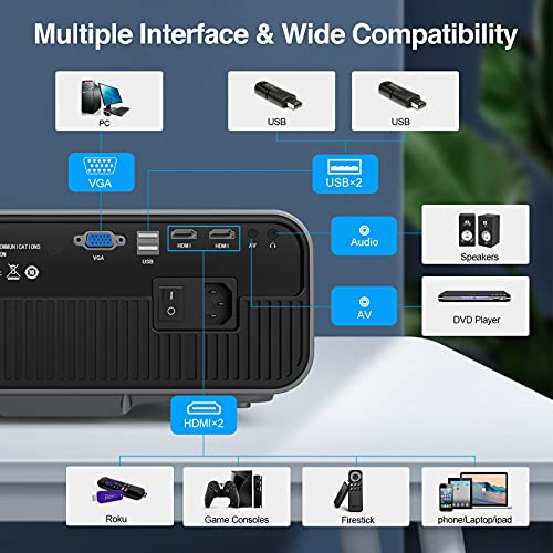 Native 1080P Projector, Indoor Outdoor FHD Projector 8000 Lumen High Bright for Movie Video Games, High Performance Multimedia Projector for Business, Phone DVD PC Supported, Low Noise