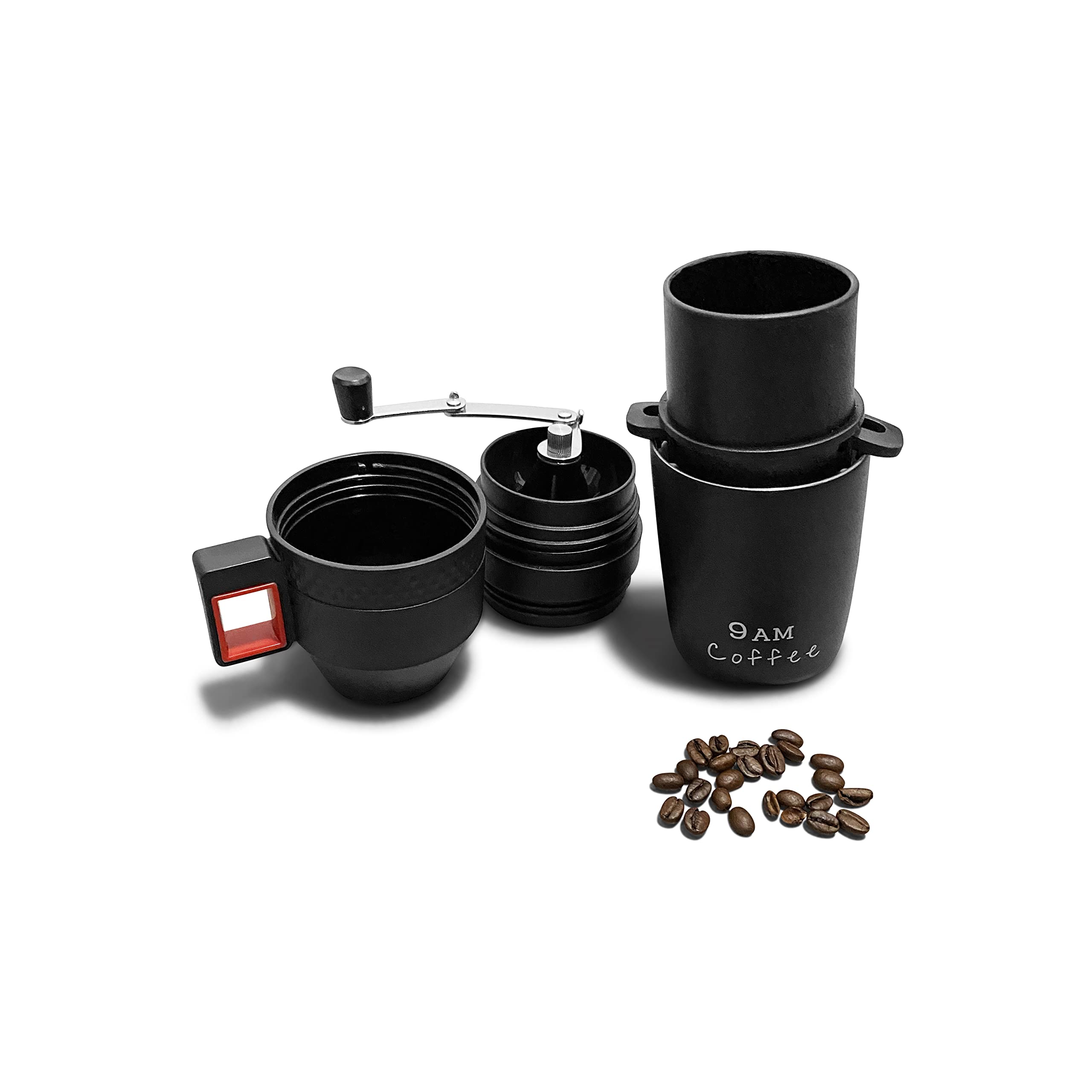Manual coffee grinder with a built-in HOT BREW stainless-steel filter, and TWO cups - all in one innovative product | Durable & Great for travelers
