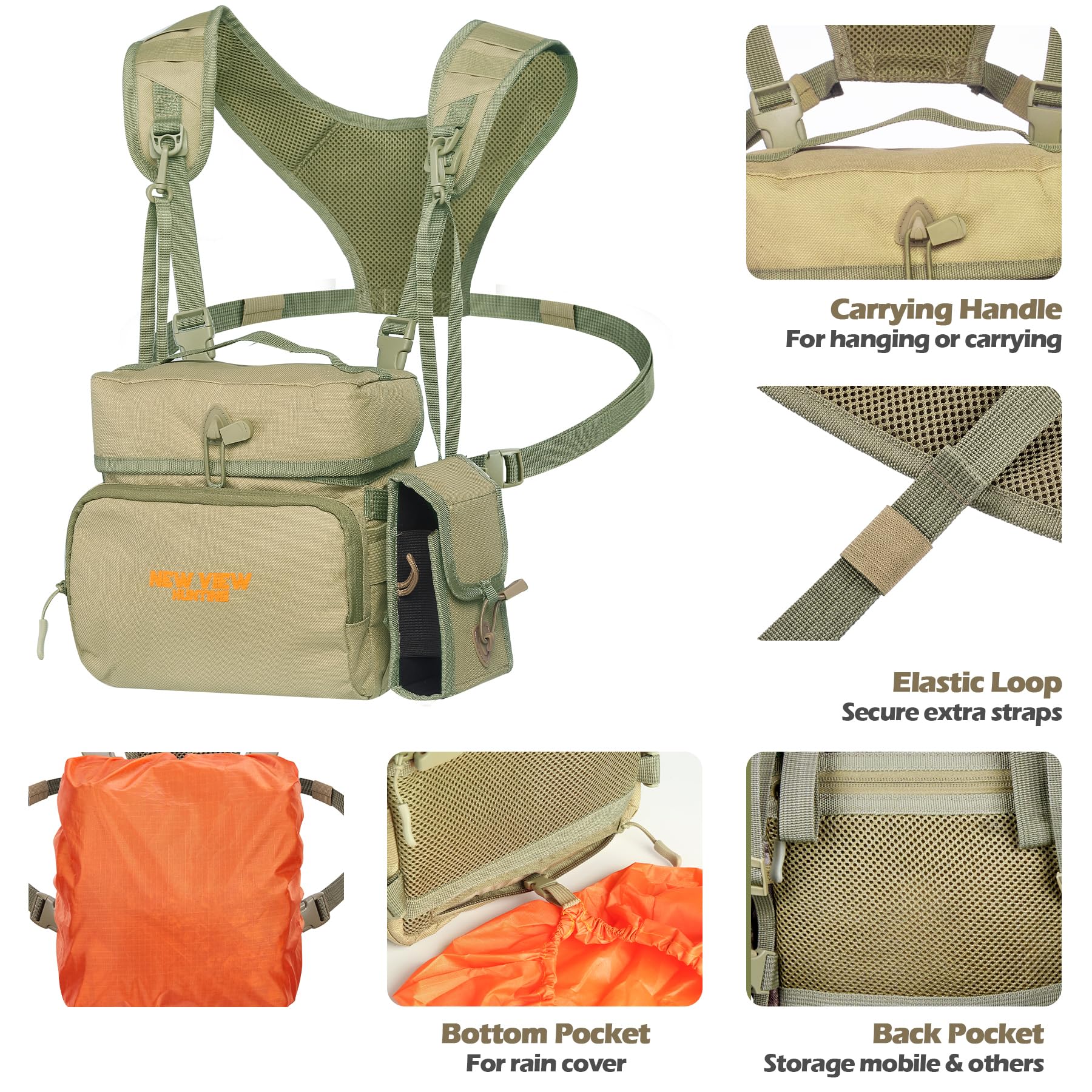 NEW VIEW Binocular Harness Chest Pack with Detachable Rangefinder Pouch, Adjustable Bino Harness & Rain Cover - Ideal for Bird Watching, Hunting, Hiking-Camo M