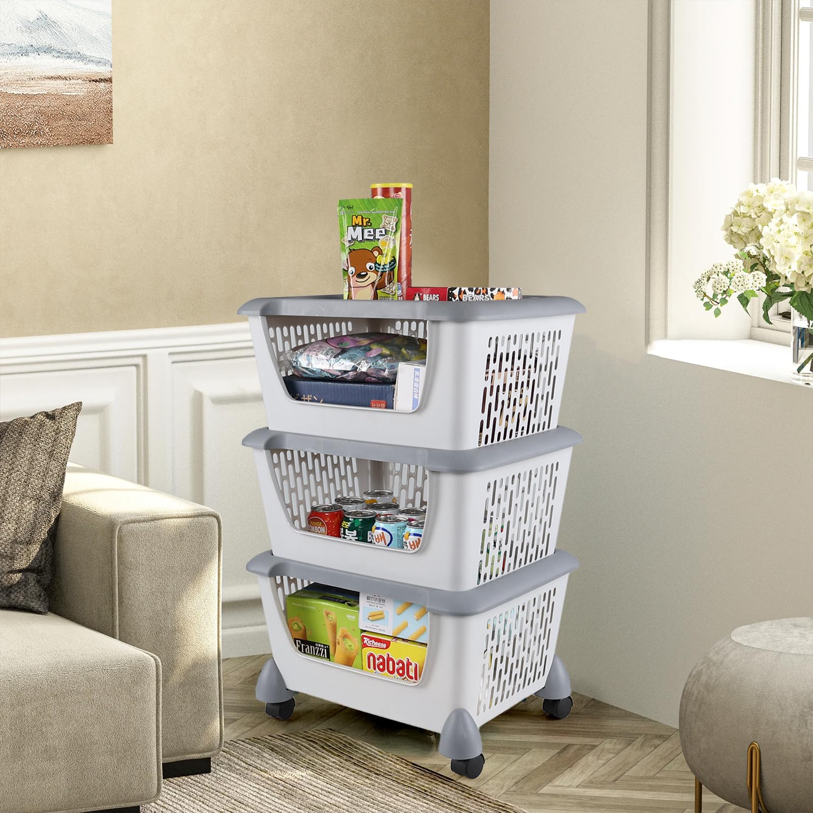 Neadas 3 Tier Stackable Storage Baskets with Wheels, Rolling Stackable Basket, Gray