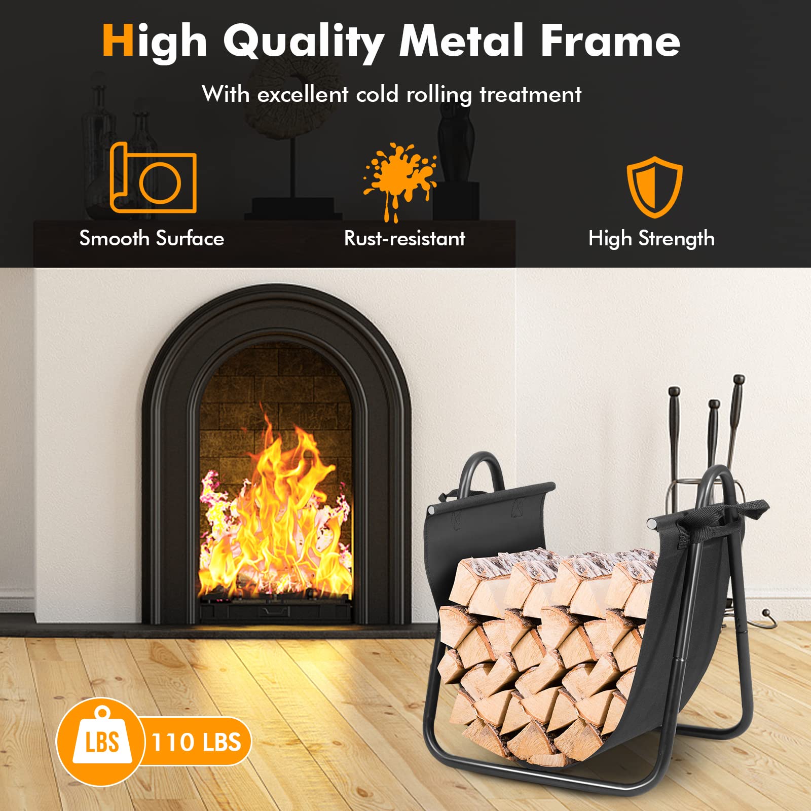 Tangkula Firewood Rack Holder with Canvas Carrier, Firewood Logs Stacker Basket for Indoor or Outdoor Use, Storage Stacker with Heavy-Duty Metal Frame, Kindling Wood Stove Accessories w/Handle