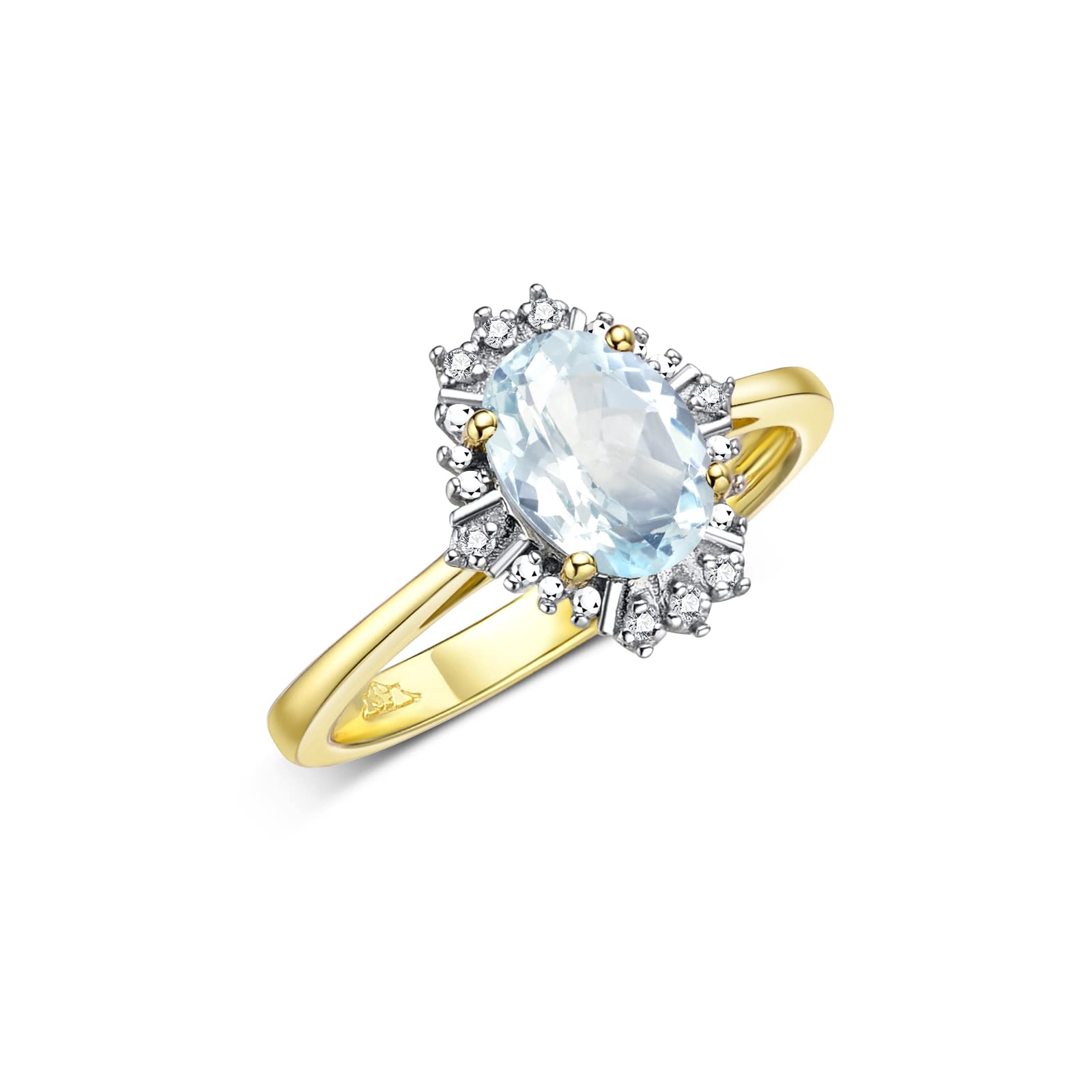 RYLOS Rings for Women Gold Plated Silver Ring with 7X5MM Oval Gemstone & Sparkling Diamonds March Aquamarine Jewelry Size 10