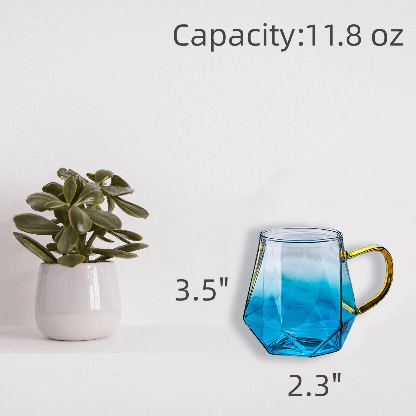 Pturey Gradient Blue Heat Resistant Glass Coffee Cups Set Of 4, Crystal Diamond Shape 11oz Glass Espresso Cups, Borosilicate Glass Tea Cups