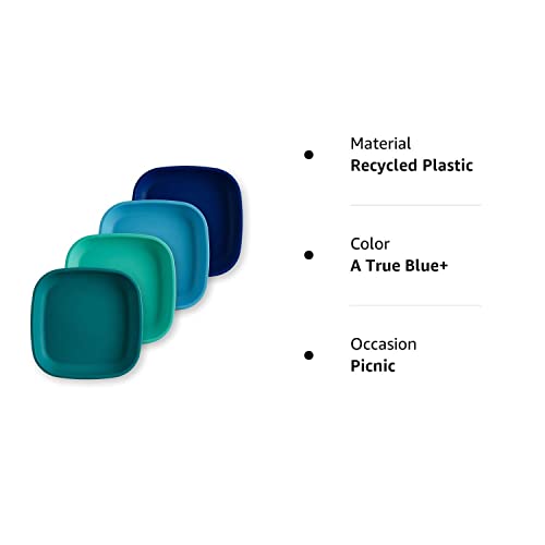 Re-Play Made in USA 7" Toddler Plates, Set of 4 Without Lid - 22 Oz. Deep-Walled and Stackable Plastic Plates, Dishwasher and Microwave Safe - 7.37" x 7.37" x 1.25" Kids Plates, True Blue