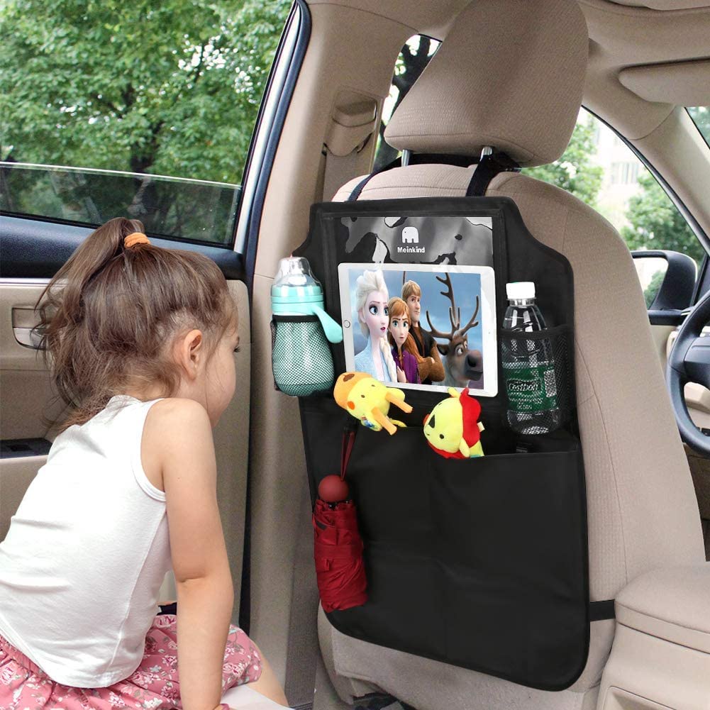 Meinkind Car Backseat Organizer, 2-Pcs Car Seat Protector Back Seat Organizer Kick Mats with Clear Screen Tablet Holder, Water-Proof Car Seat Organizer, Travel Organizer for Kids and Toddler, Black