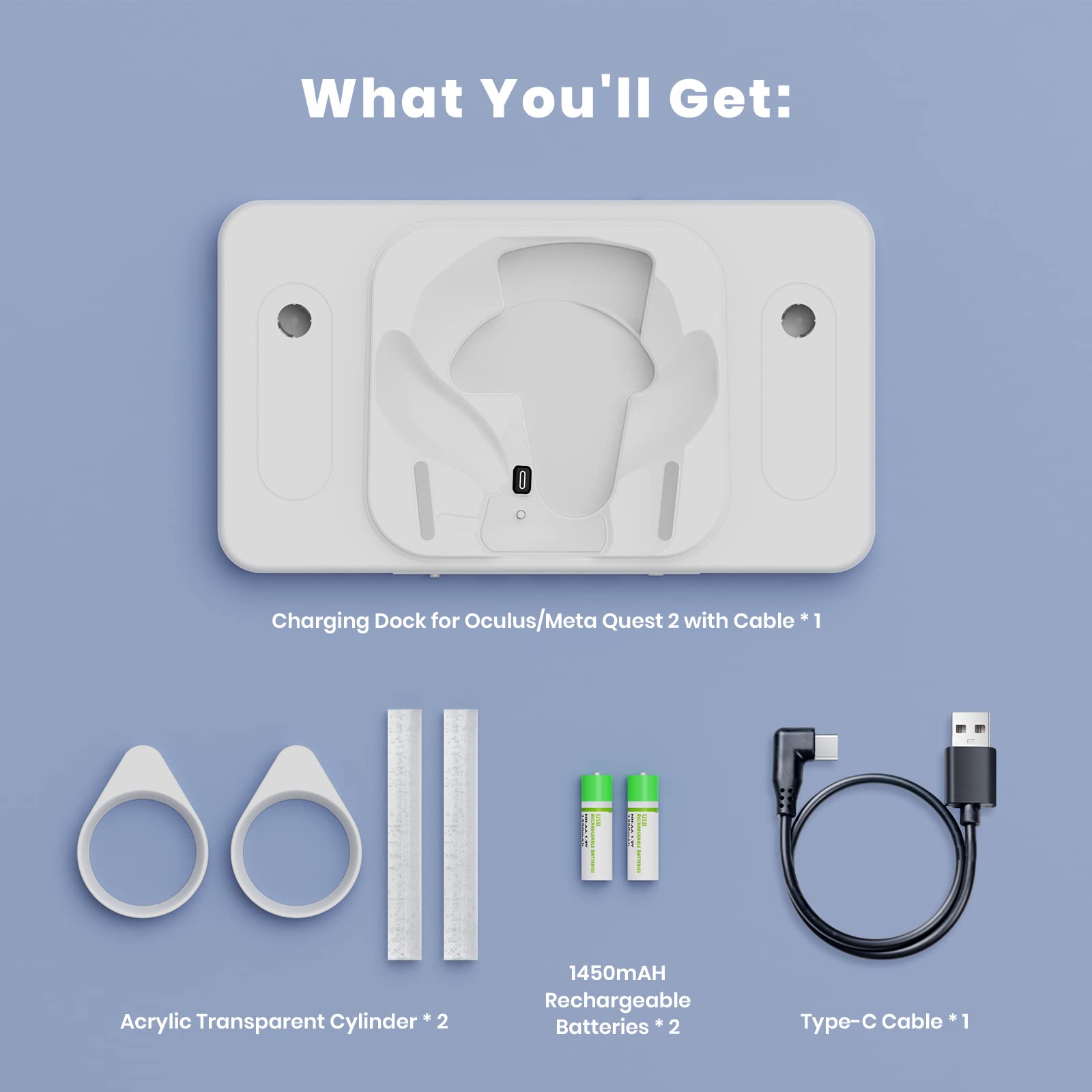 VR Charging Station for Oculus Quest 2/Meta Quest 2, CODOGOY Charging Dock Supports LED Indicator/Charging Headset, with 2 Rechargeable Batteries&USB Charging Cable, Support Elite Strap with Battery