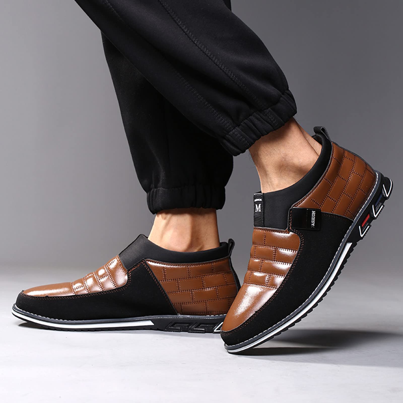 Slip On Running Shoes Men No Laces Classical Style Shoes for Men Slip On PU Leather Low Rubber Sole Block Heel Work