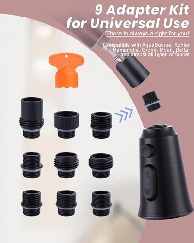 WOWOW Kitchen Faucet Head Replacement, 3 Function Pull Down Faucet Sprayer Head with 9 Adapters, Oil Rubbed Bronze Kitchen Sprayer Nozzle Compatible with Moen, Delta, Kohler Faucets