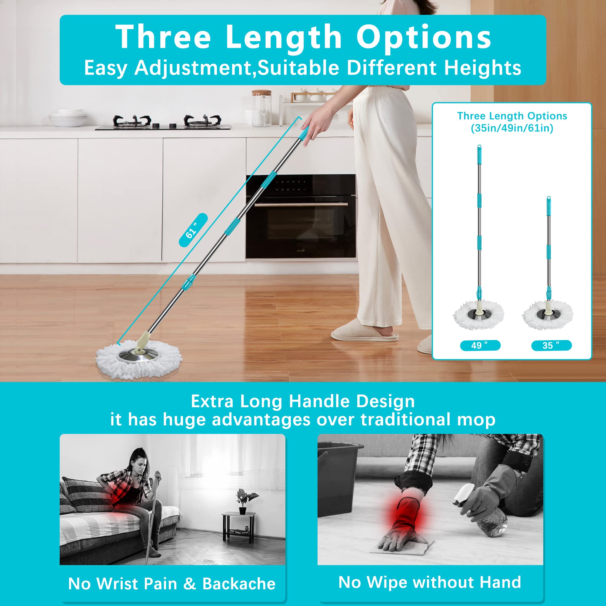 Tsmine 3-Section 35-to-61 Inch Spin Mop Replacement Pole Handle Mop Refills Compatible with Round Spin Mop, Microfiber Mop Floor Head Mop - Blue