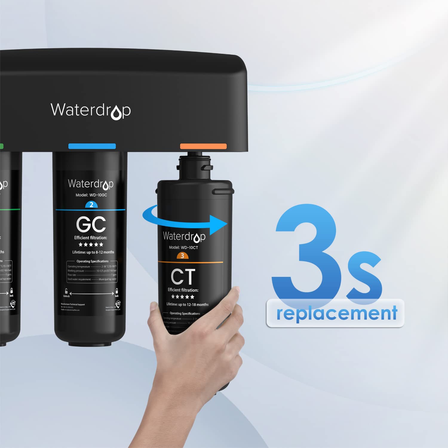 Waterdrop WD-10CT Under Sink Water Filter, Replacement for Waterdrop TSA & TSB 3-stage Under Sink Water Filter System