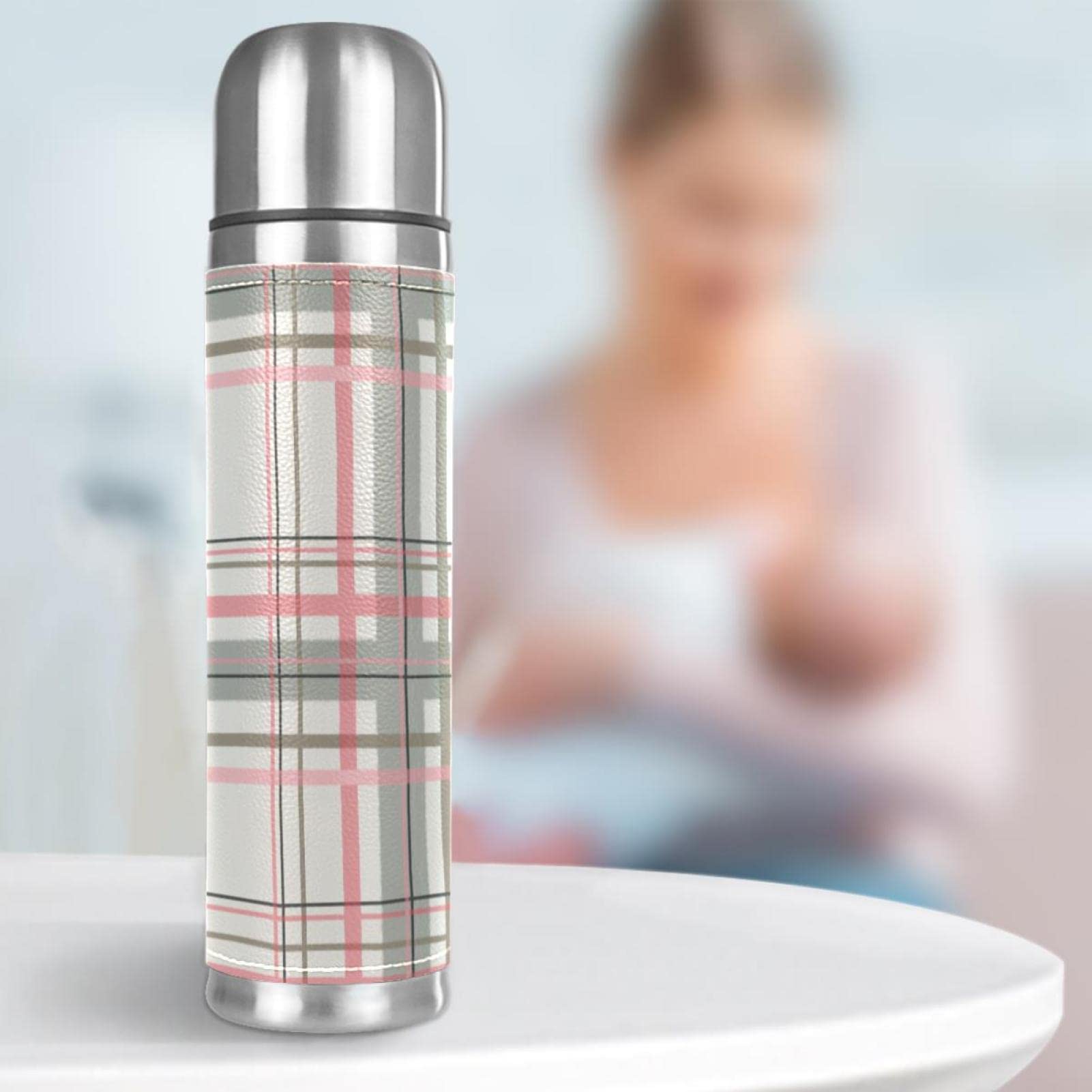 Stainless Steel Leather Vacuum Insulated Mug Cascading Plaid Thermos Water Bottle for Hot and Cold Drinks Kids Adults 16 Oz