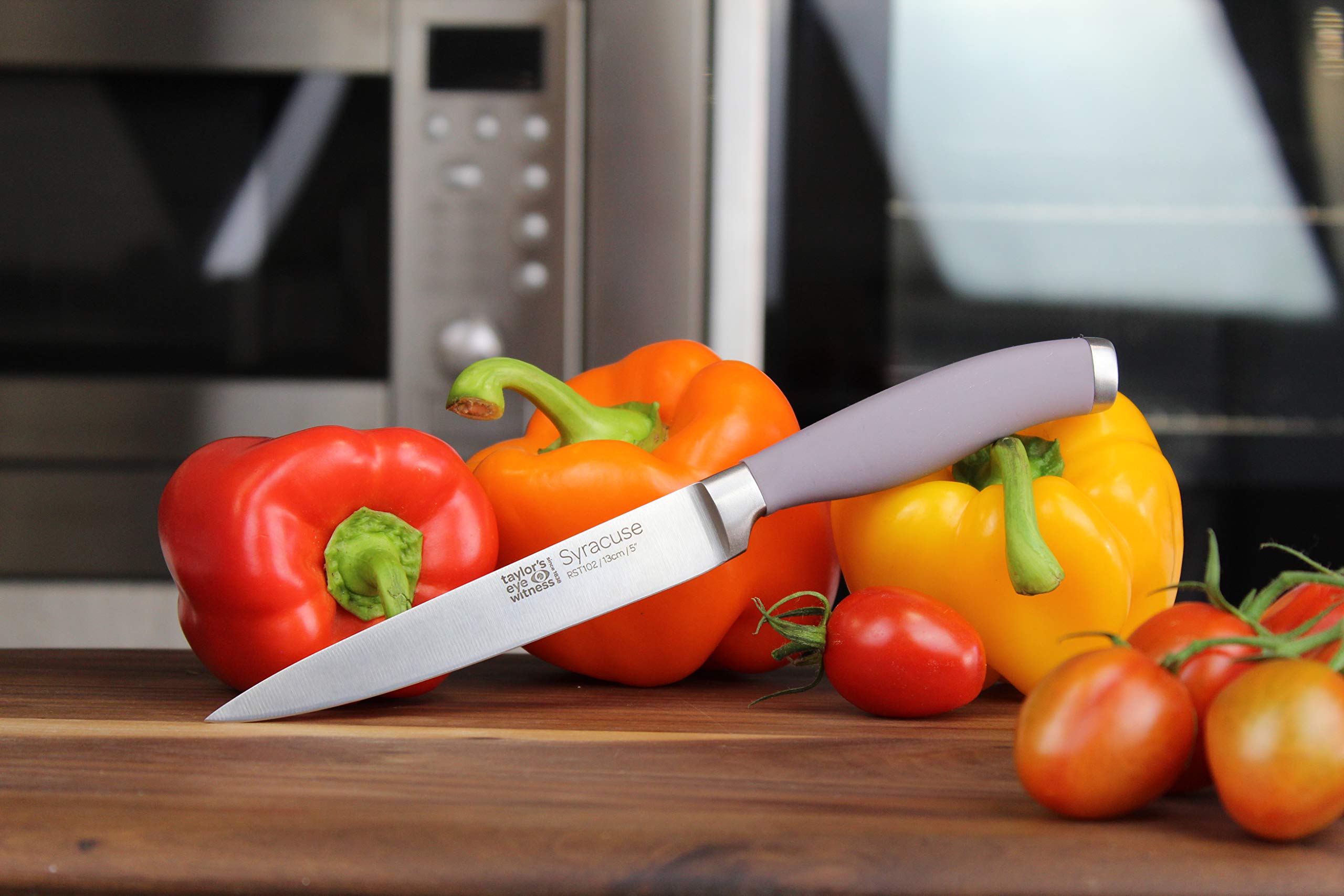 Taylors Eye Witness Syracuse Kitchen Knife 3pce Set - Paring 8cm/3.5β, Chefs 15cm/6β & Cooks All Purpose 13cm/5β Cutting Edge. Ultra Fine, Razor Sharp Blade. Soft Textured Grip Berry Colour Handle