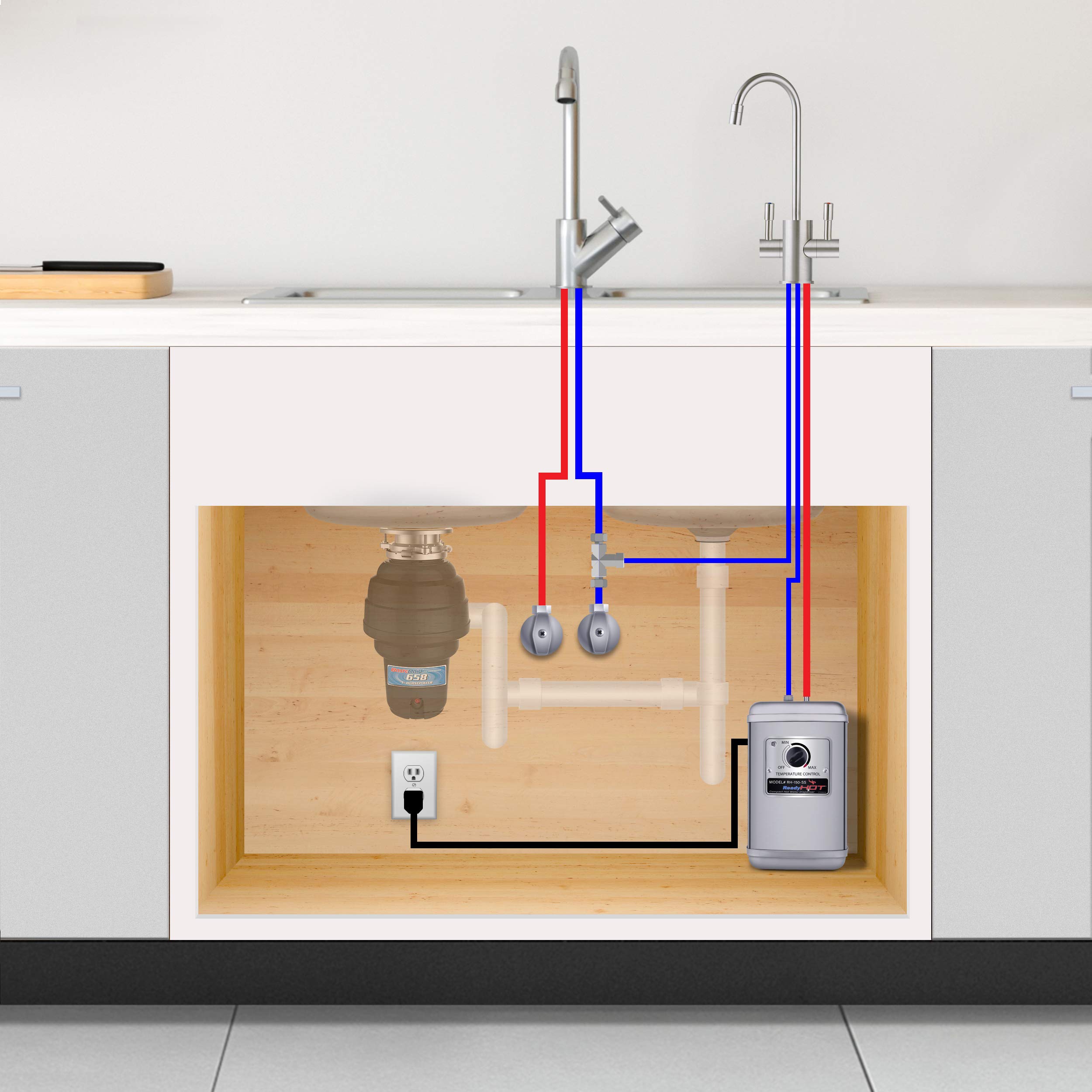 Ready Hot 41-RH-150-F560-BN Compact Water Dispenser, Manual Temperature Control, Reverse Osmosis Compatible, Includes Hot and Cold Dual-Lever Faucet, Brushed Nickel