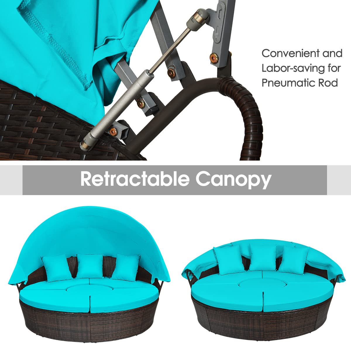 Tangkula Patio Round Daybed with Retractable Canopy, Outdoor Wicker Rattan Furniture Sets, Sectional Cushioned Sofa Set w/Height Adjustable Coffee Table, Rattan Conversation Sets (Turquoise)