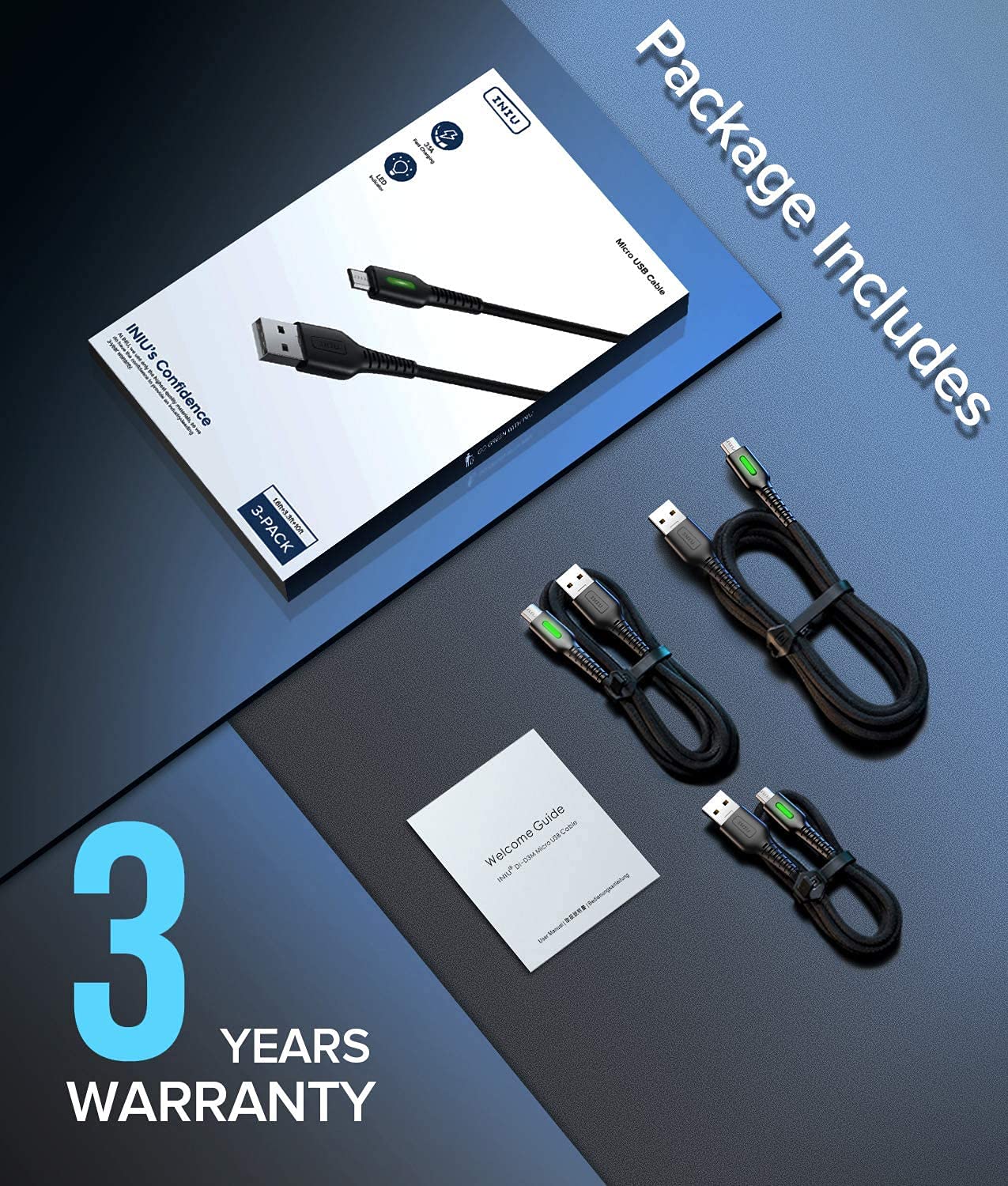 Micro USB Cable Android Charger, INIU [3 Pack 3.1A] QC 3.0 Fast Charging Micro Phone Charge, (1.6+3.3+10ft) Quick Nylon Data Cord For Amazon Fire Kids Tablet Kindle Samsung S7 S6 Edge HTC Xbox One etc