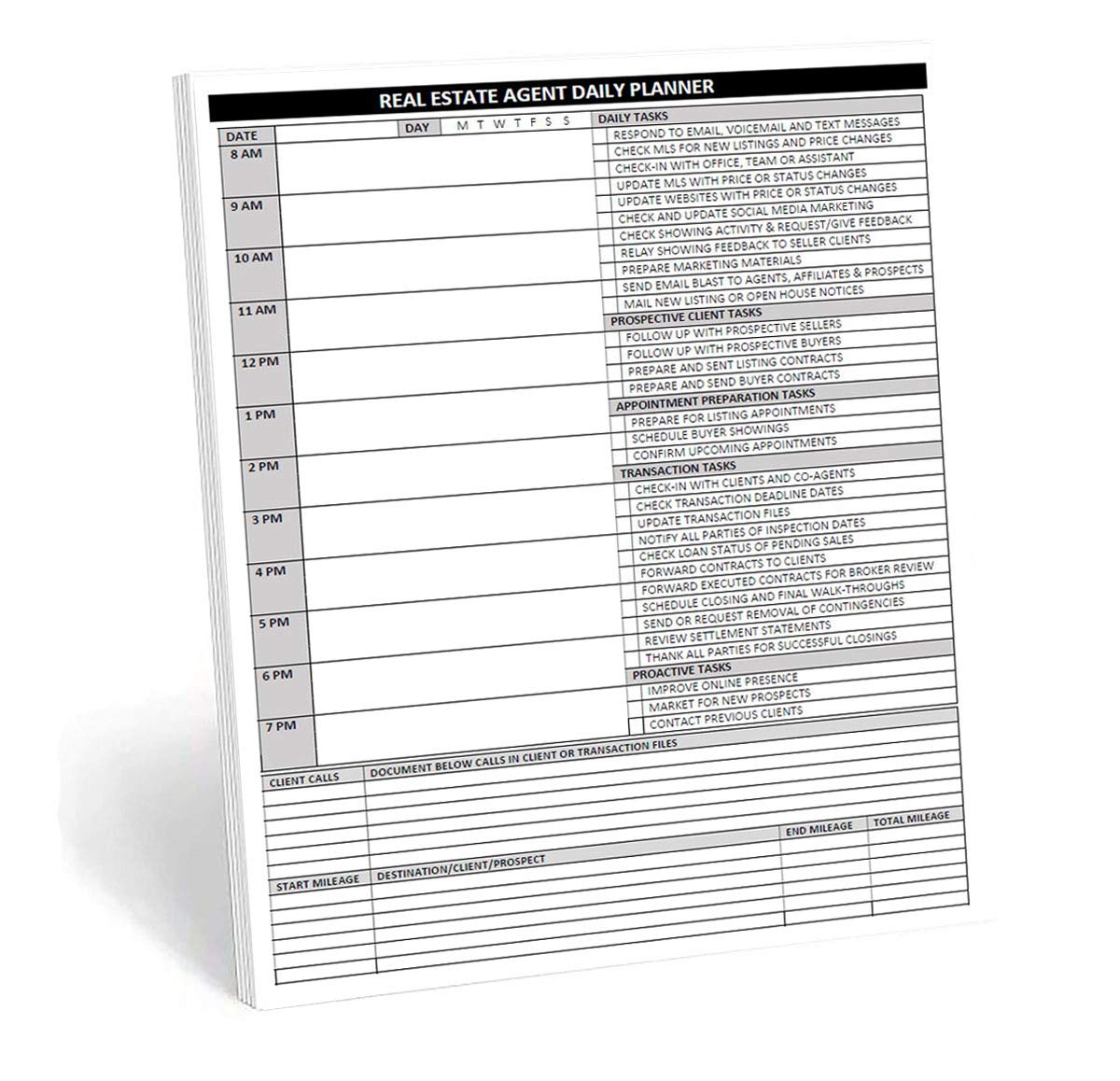 Real Estate Agent Supplies - Daily Planner Task List Notepad. Simple one page document with calendar, task lists, call and mileage log. Keep organized & focused on selling real estate. 8.5 X 11
