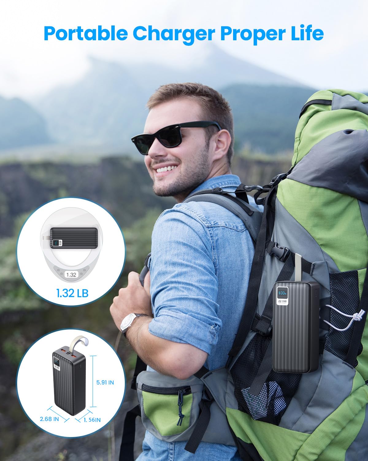 PDBEST Portable Charger Power Bank 50000mah - PD 22.5W USB C Charger, QC 4.0 Fast Charging Battery Pack with LED Display 3 Outputs for iPhone, Samsung, iPad etc.…