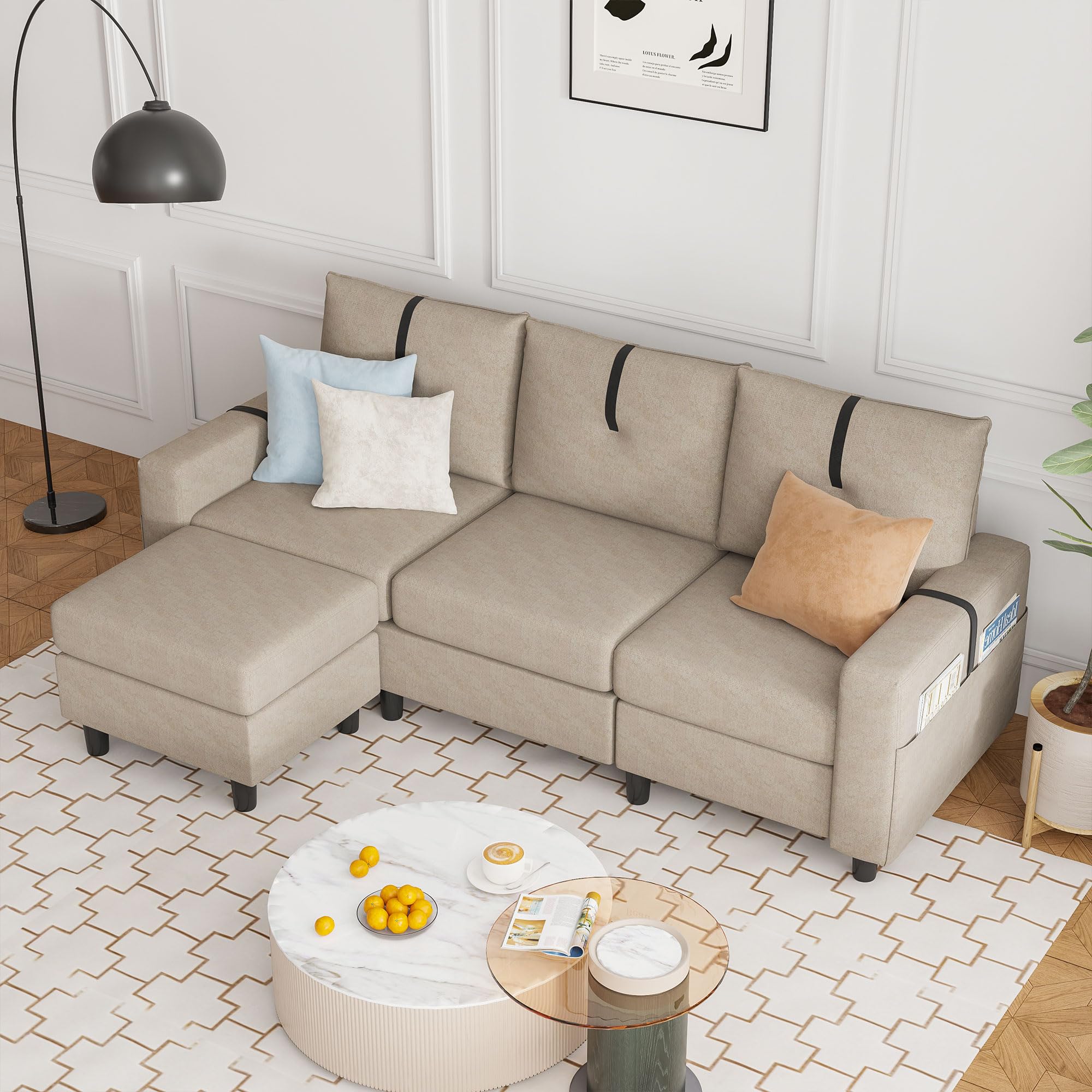 Pingliang Home 80" Sectional Sofas for Living Room, 3 Seat L Shaped Couch with Reversible Ottoman, Modern Linen Fabric Small Sectional Couch for Apartment Small Space, Light Grey