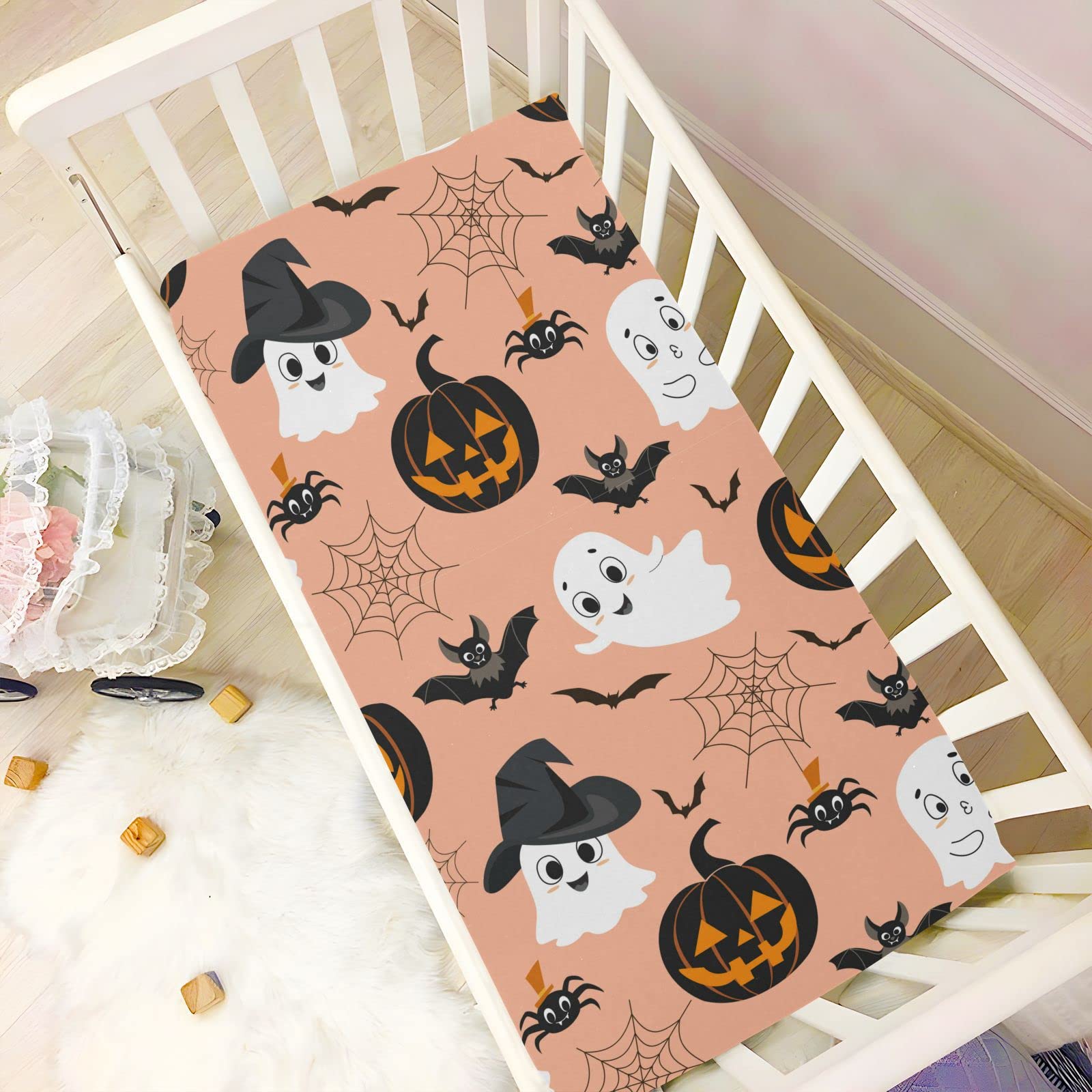 Mazeann Halloween Ghost Crib Sheets Soft Breathable Fitted Baby Crib Sheets Mattress Cover for Girl Boys, 52" x 28" x 9"