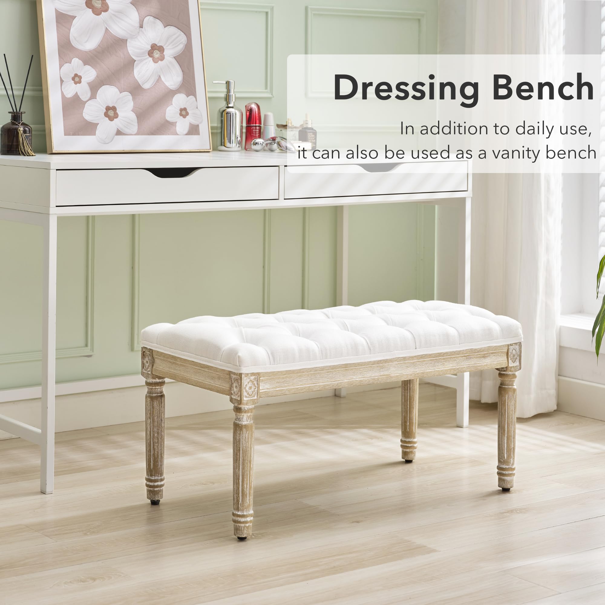 LOULENS French Vintage Bench, Linen Fabric Entryway Bench, Upholstered Tufted End of Bed Bench with Brushed Wood Legs, White