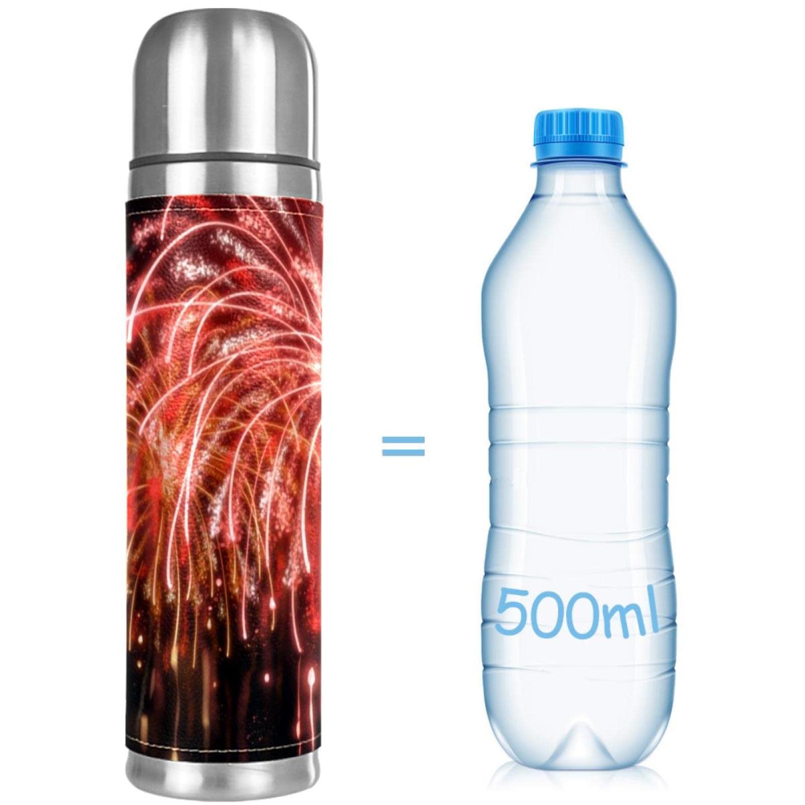 Stainless Steel Leather Vacuum Insulated Mug Fireworks Thermos Water Bottle for Hot and Cold Drinks Kids Adults 16 Oz