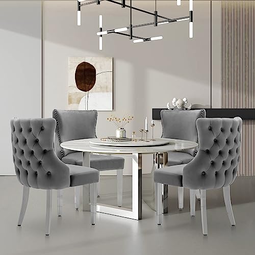 LOULENS Luxurious Velvet Dining Chairs Set of 4, Modern Upholstered Tufted Dining Room Chairs with Stainless Steel Legs, Dark Grey