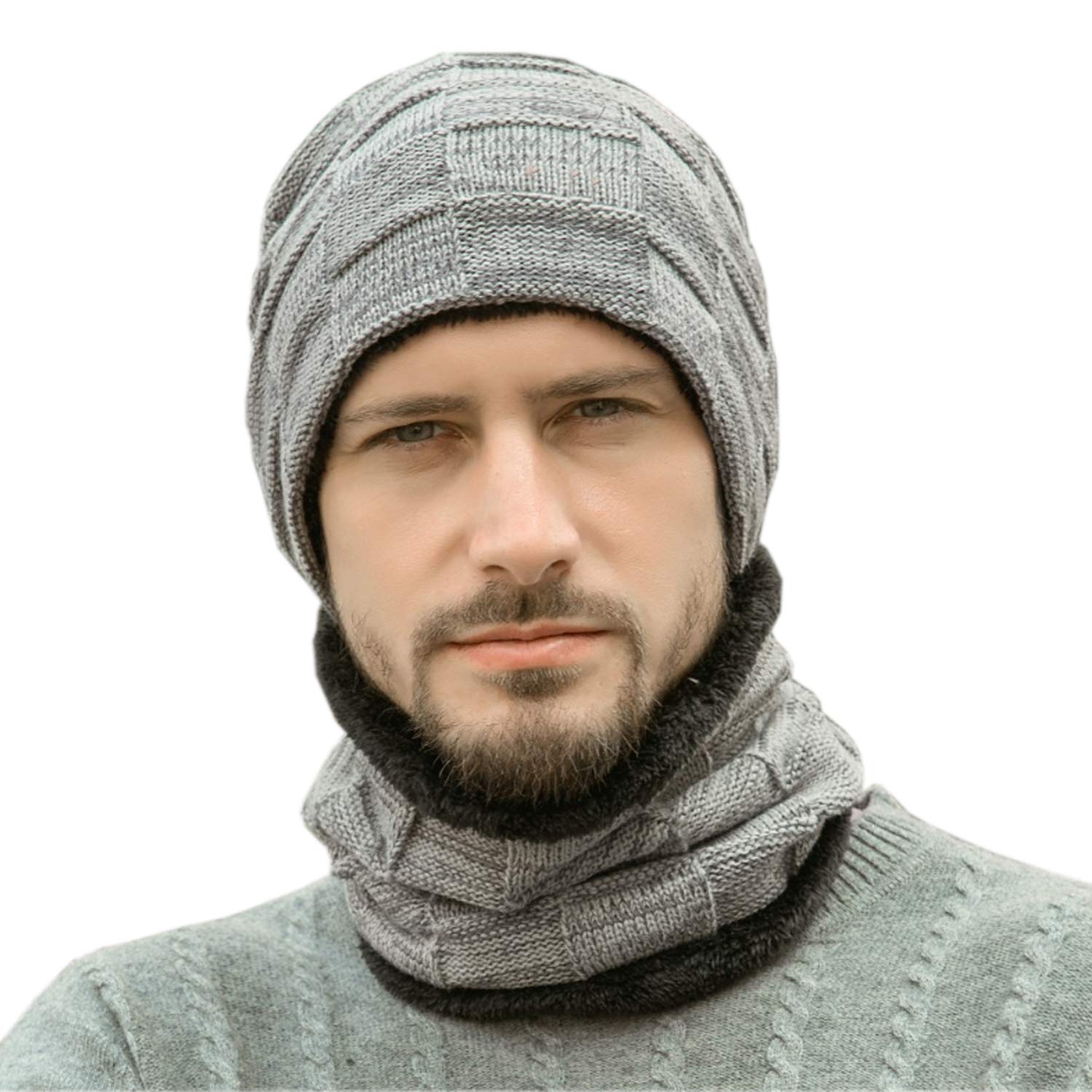 Newsfana Winter Beanie hat, Warm Knit Hat Scarf Set Thick Fleece Lined Winter Hat Skull Cap for Men Women (Gray)