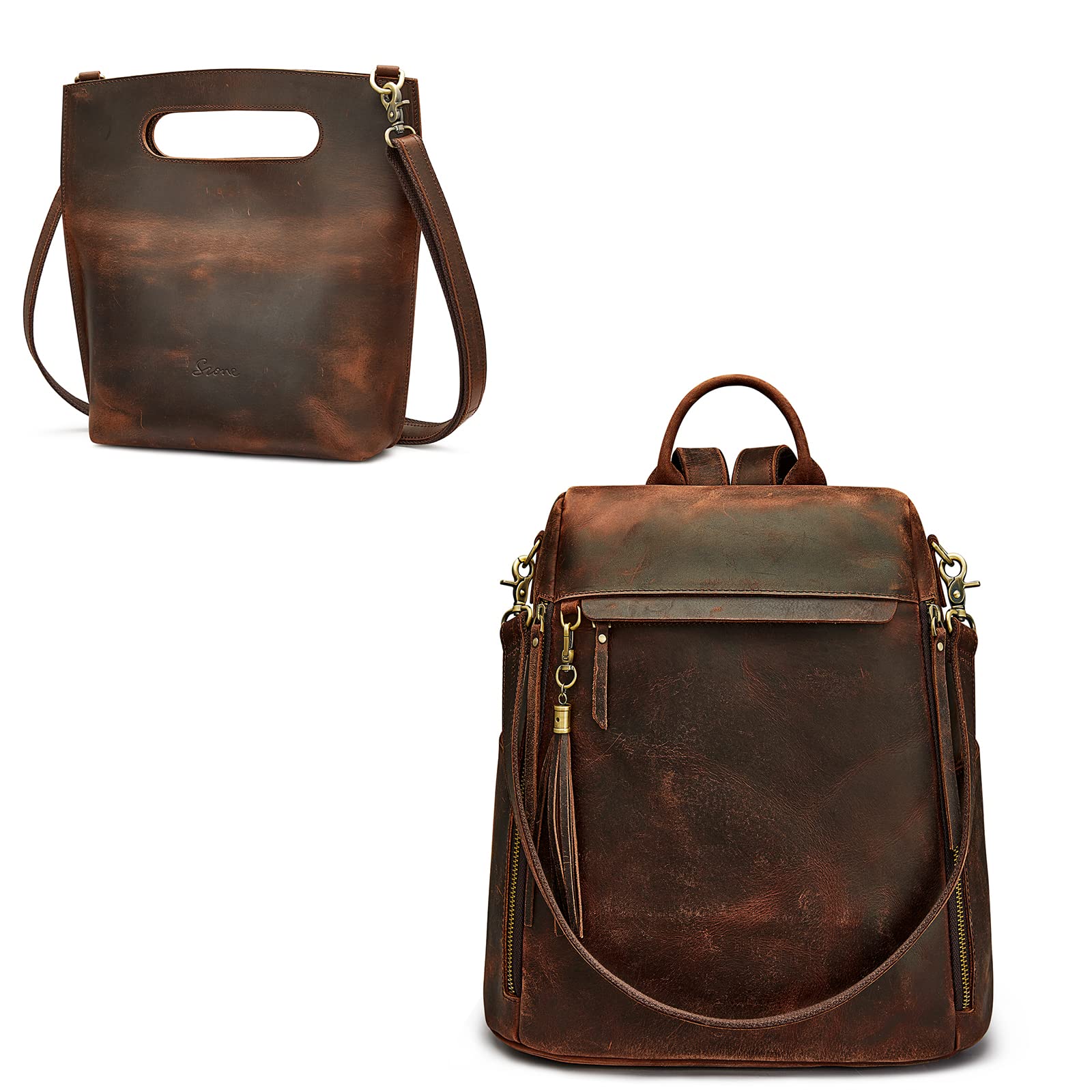 S-ZONE Women Vintage Genuine Leather Backpack Purse with Clutch Bag