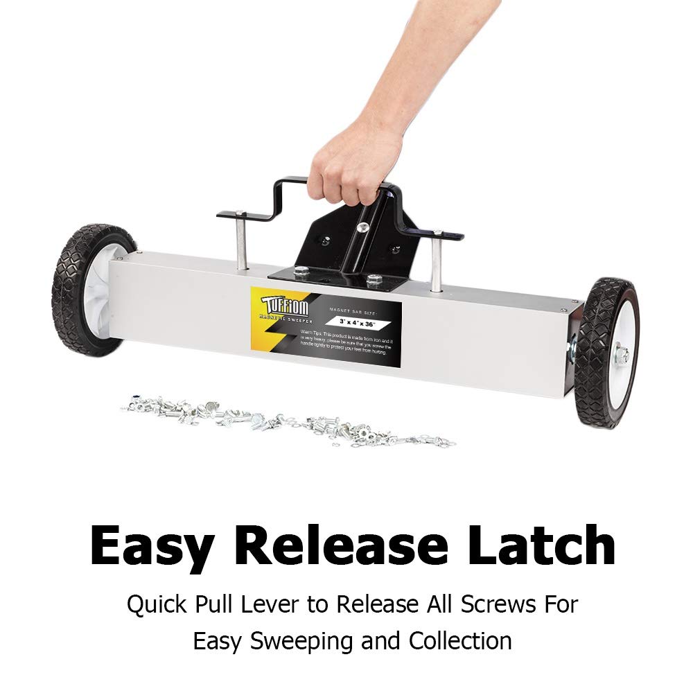 TUFFIOM 36-Inch Rolling Magnetic Pick-Up Sweeper | 30-LBS Capacity, with Quick Release Latch & Adjustable Long Handle, for Nails Needles Screws Collection