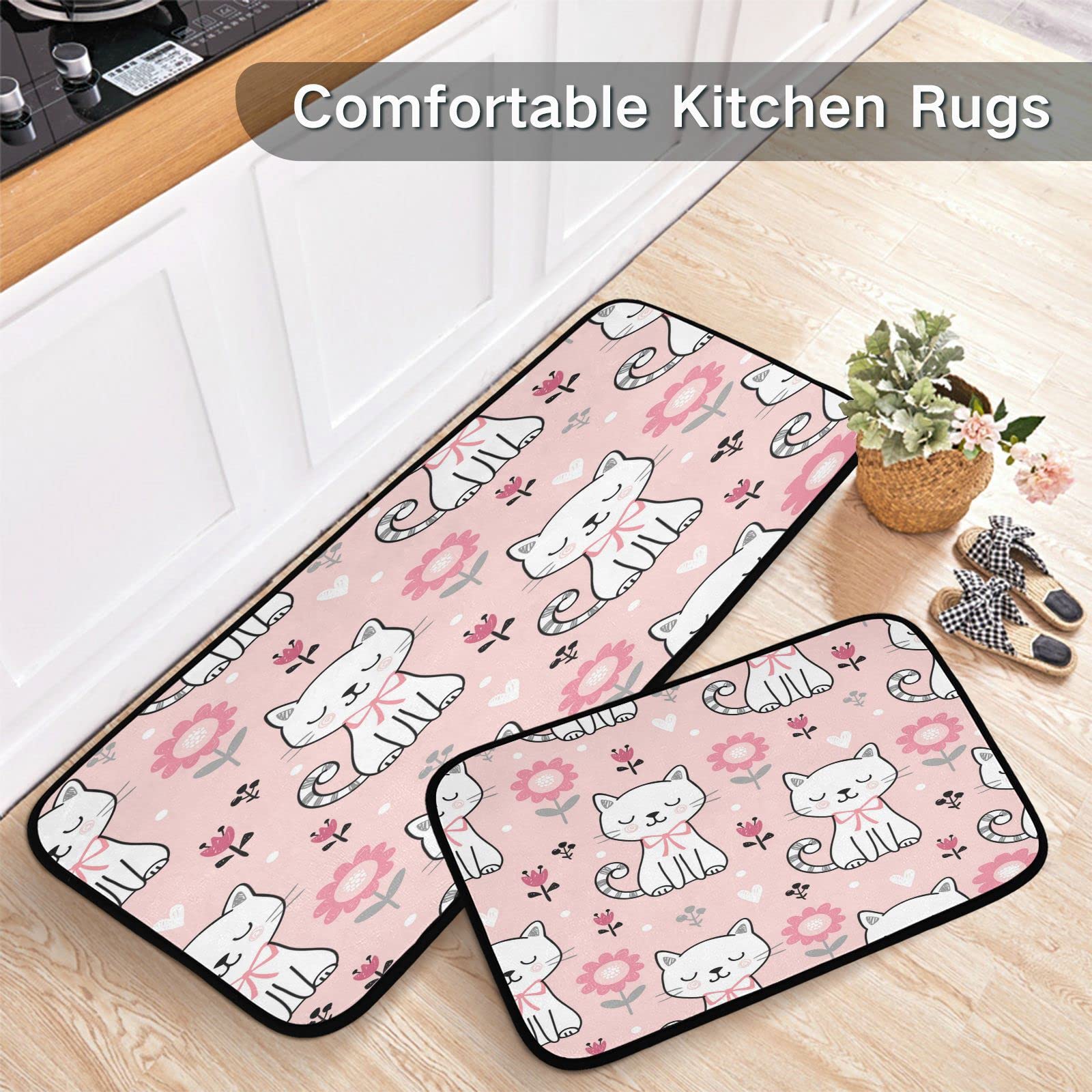 Pink Cat Flower Kitchen Rug Mats 2PCS Non Slip 47" x 20" + 28" x 20" Kitchen Carpet Floor Mat Hallway Rugs Anti Fatigue Doormat