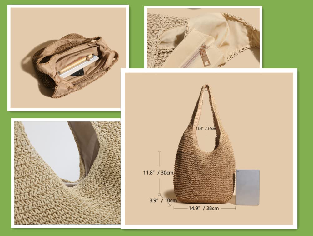 VSERETLOON Vegetable Basket Straw Bag Rattan Bag Hand-Woven Bag Straw Bag One-Shoulder Handbag,Khaki,As Shown