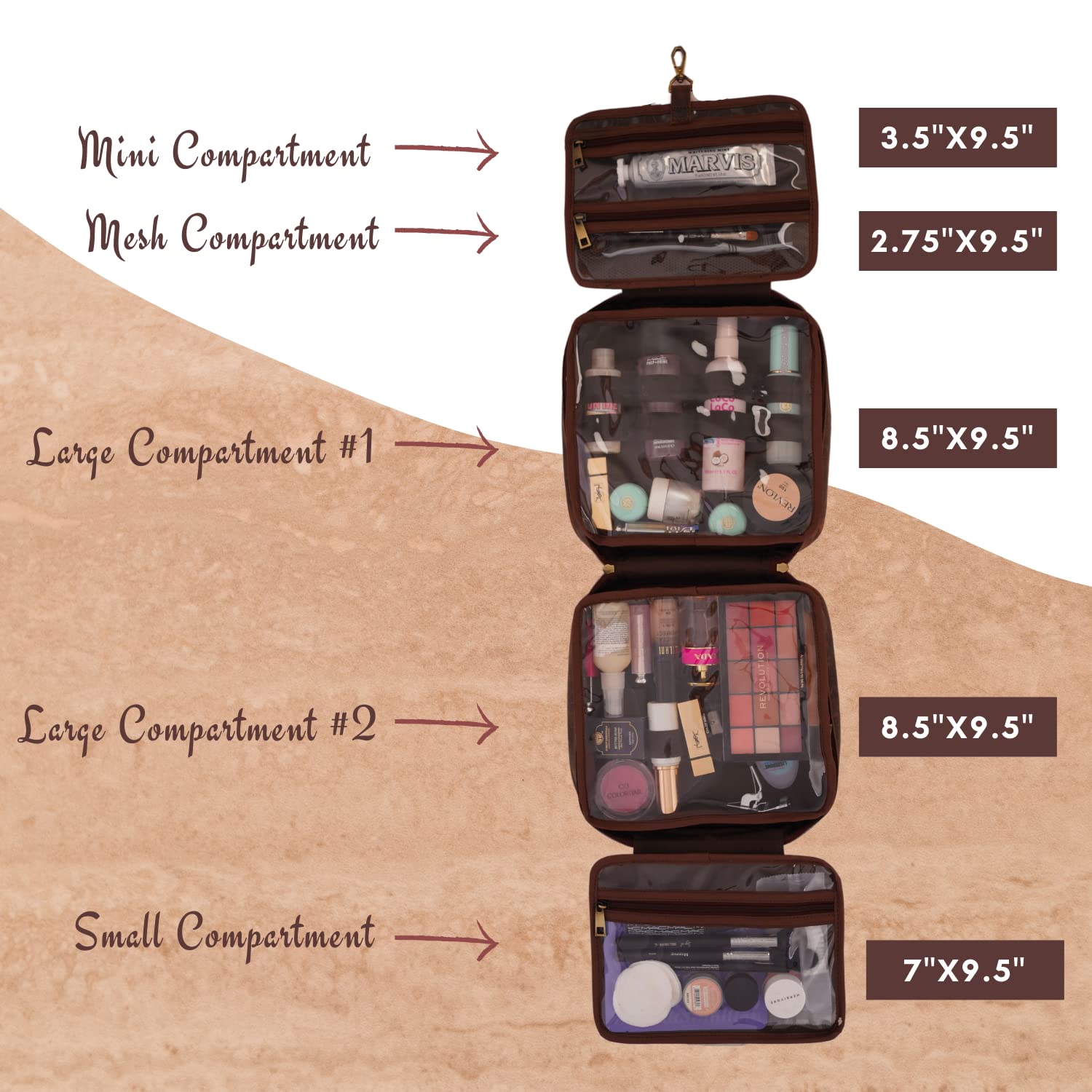 S&J Large Hanging Leather Toiletry Bag for Men | Full Grain Genuine Leather Dopp Kit With Large Foldable Compartments | Real Leather Makeup Bag Organizer for Women With See-through Pvc Compartment