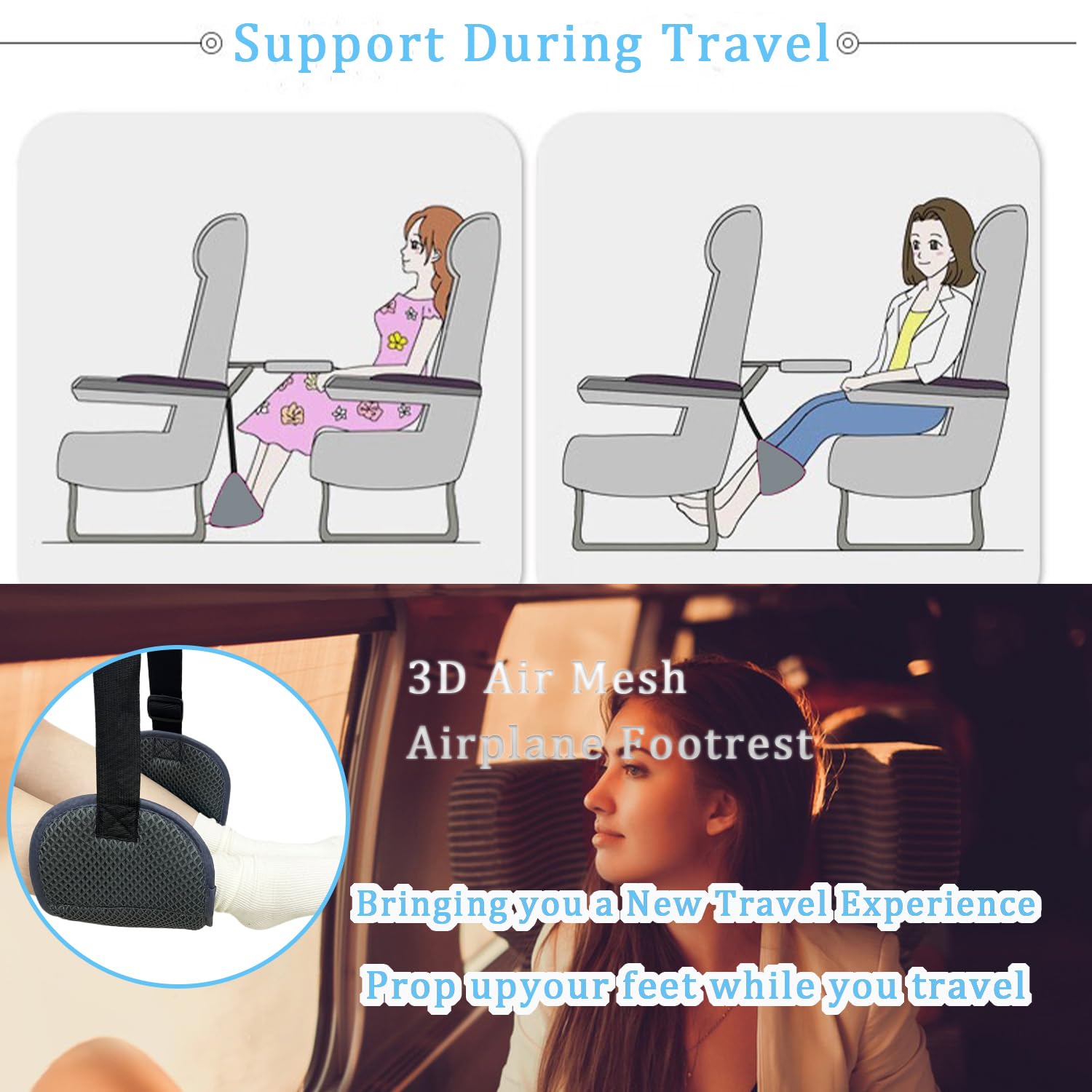 REEZEIVI Airplane Footrest,Foot Hammock Airplane, Thick and Comfortable Plane Footrest,Portable Foot Hammock 3D air mesh,Breathable and Washable Foot Rest for Office Desk