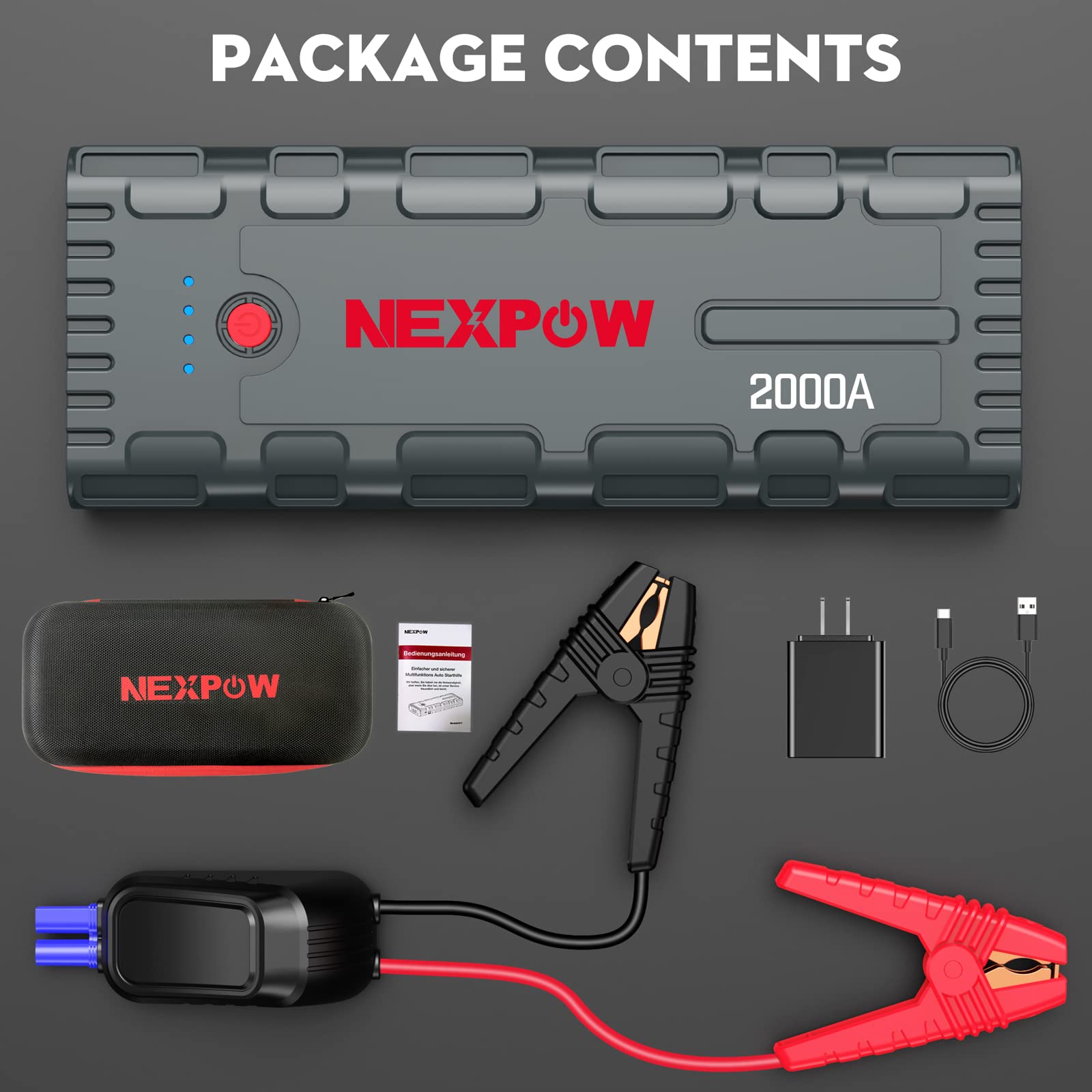NEXPOW 2000A Peak Car Jump Starter with USB Quick Charge 3.0 (Up to 7.0L Gas or 6.5L Diesel Engine), 12V Portable Battery Starter, Battery Booster with Built-in LED Light