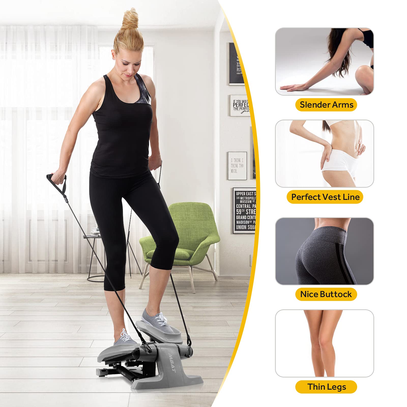MBAT Mini Stepper Exercise Machine with LCD Monitor and Resistance Bands Wide Non-Slip Pedals, Grey