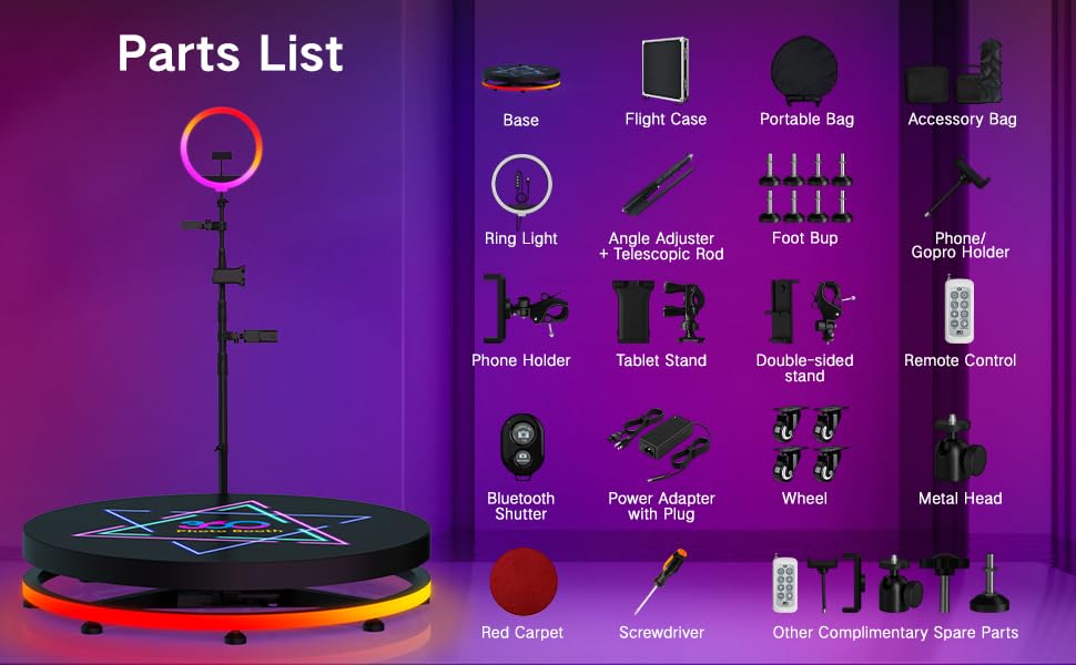 MBOBAO [Newest] 360 Photo Booth Machine with RGB Ring Light,Free Custom Logo, Video Camera Selfie Platform for Live Streaming Wedding Birthday Events Exhibitions (26.8in 1-3 people+Flight Case)