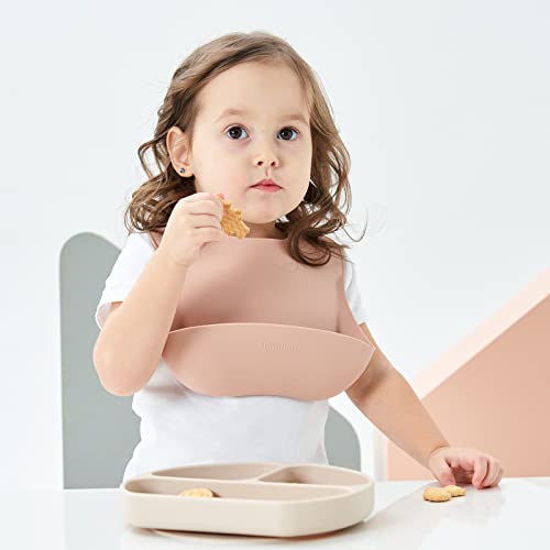 vuminbox Silicone Baby Bib with 2 Holes for Paper Towel, Adjustable Fit Waterproof Soft Bibs for Babies & Toddlers (10-72 Months) (Cigar + Light Orange + White Snow)